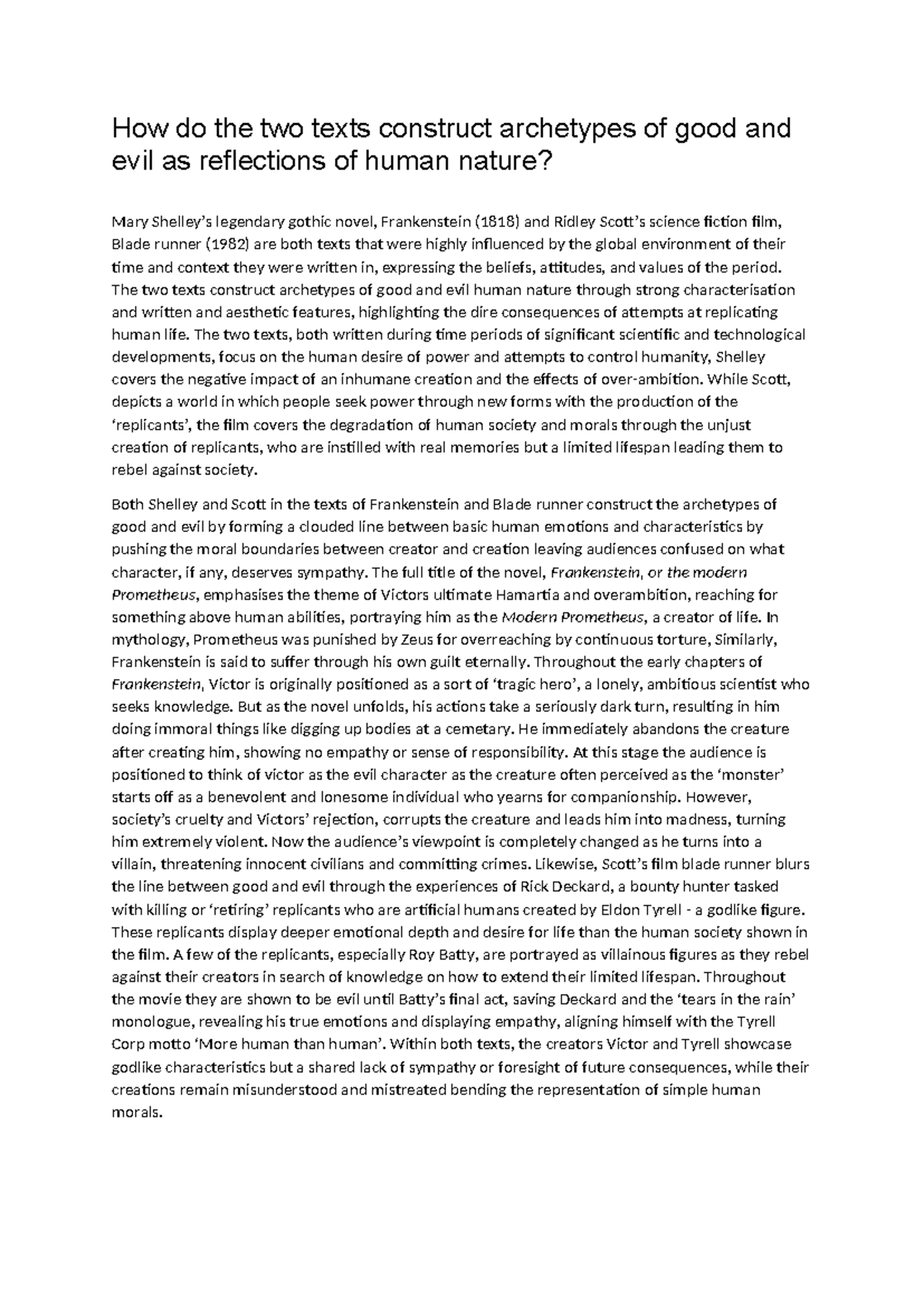 IA1 Comparative Essay: Good vs. Evil in Frankenstein & Blade Runner ...