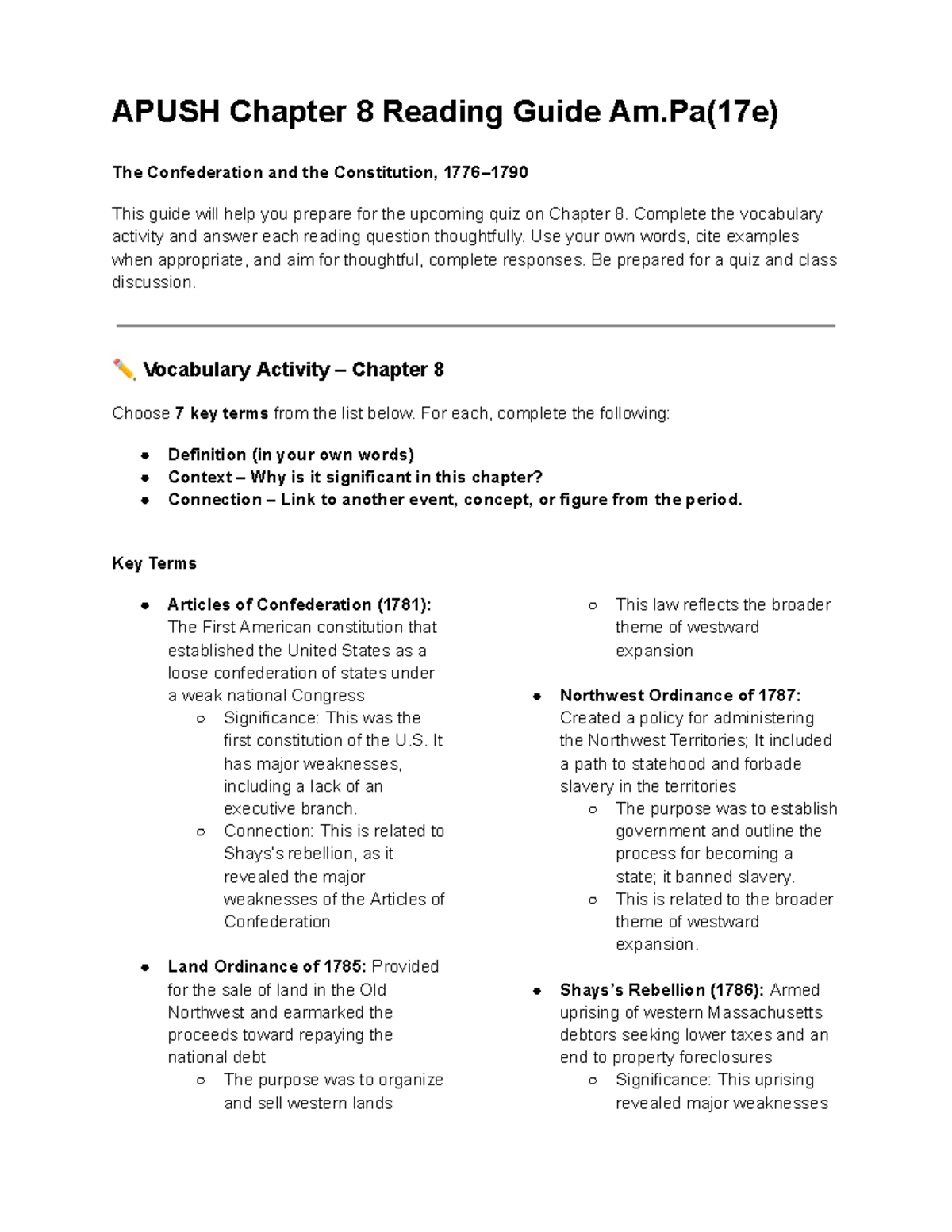 APUSH Chapter 8 Reading Guide: The Confederation & Constitution (17e ...