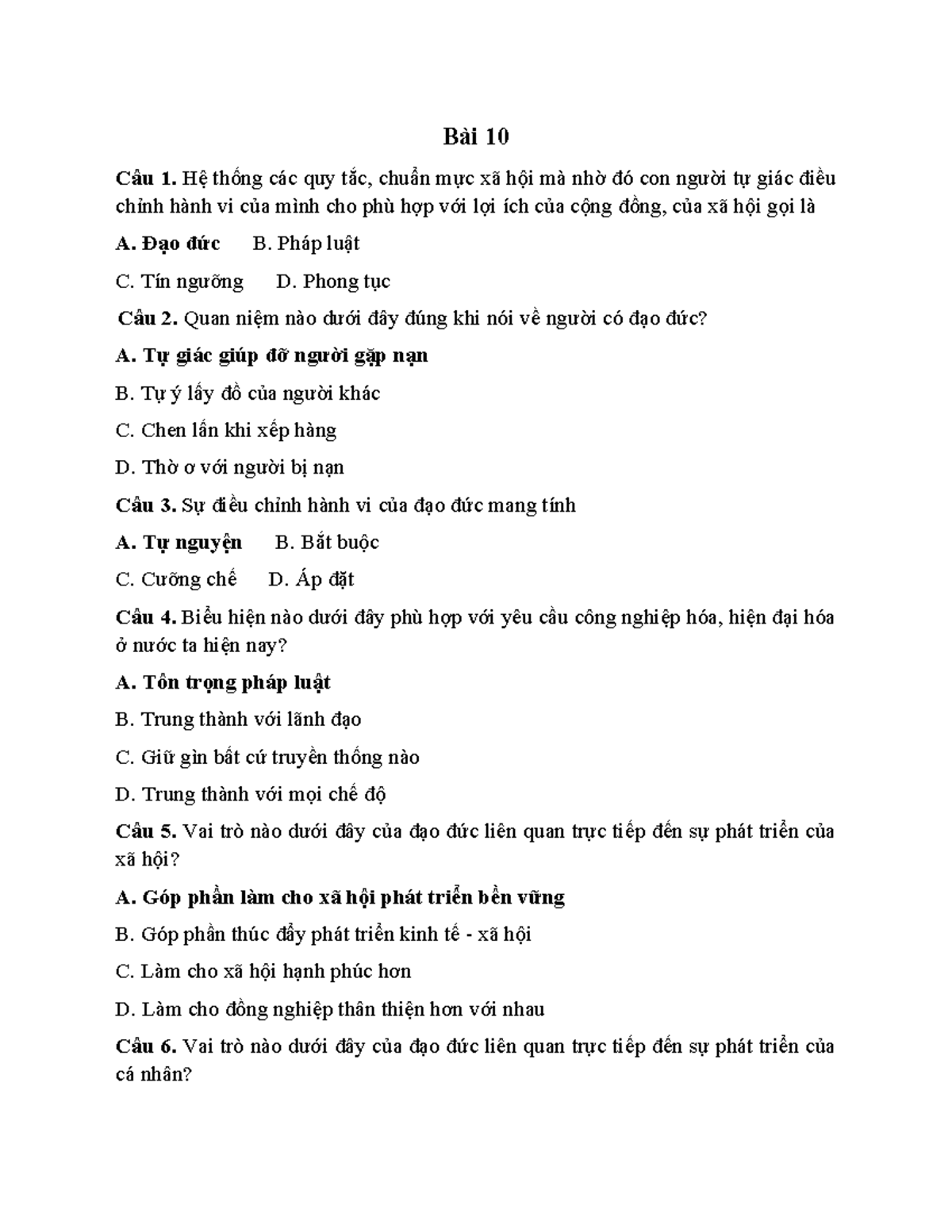 GDCD 10 - 1 Tiết Ôn Tập Đạo Đức và Nghĩa Vụ Cá Nhân - Studocu