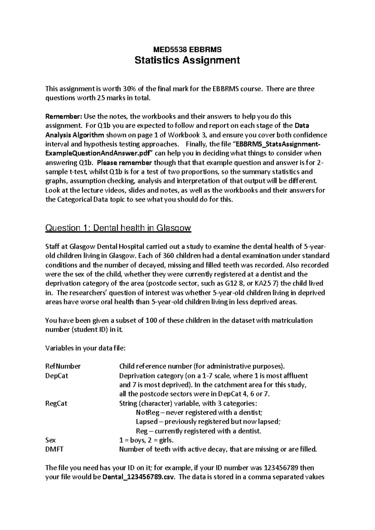 MED553 EBBRMS Statistics Assignment: Analyzing Dental Health Data - Studocu