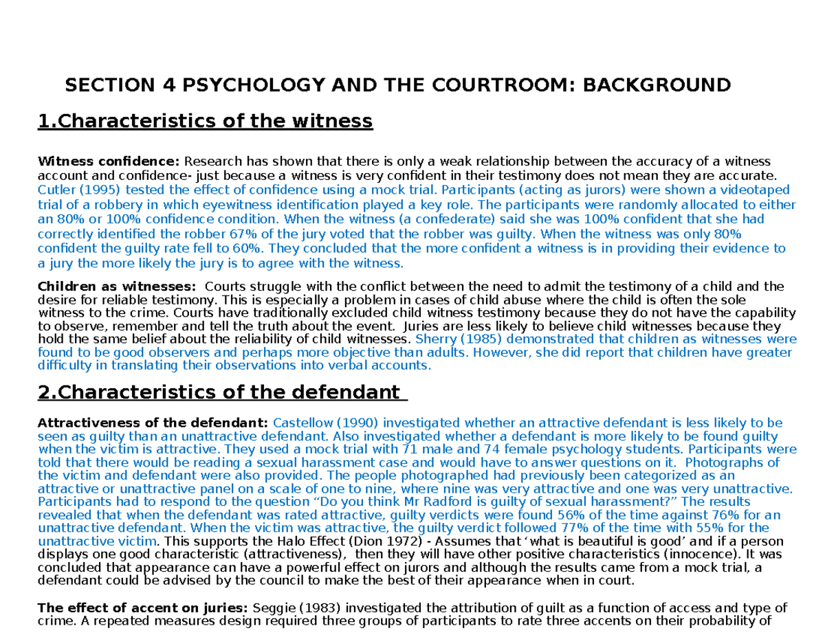 Topic 4 - Psychology and the Courtroom: Key Insights and Research Notes ...