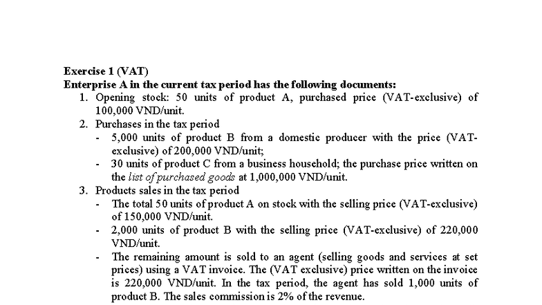 Exercise 1 & 2 (VAT) Calculation for Enterprises A & B in Tax Period ...