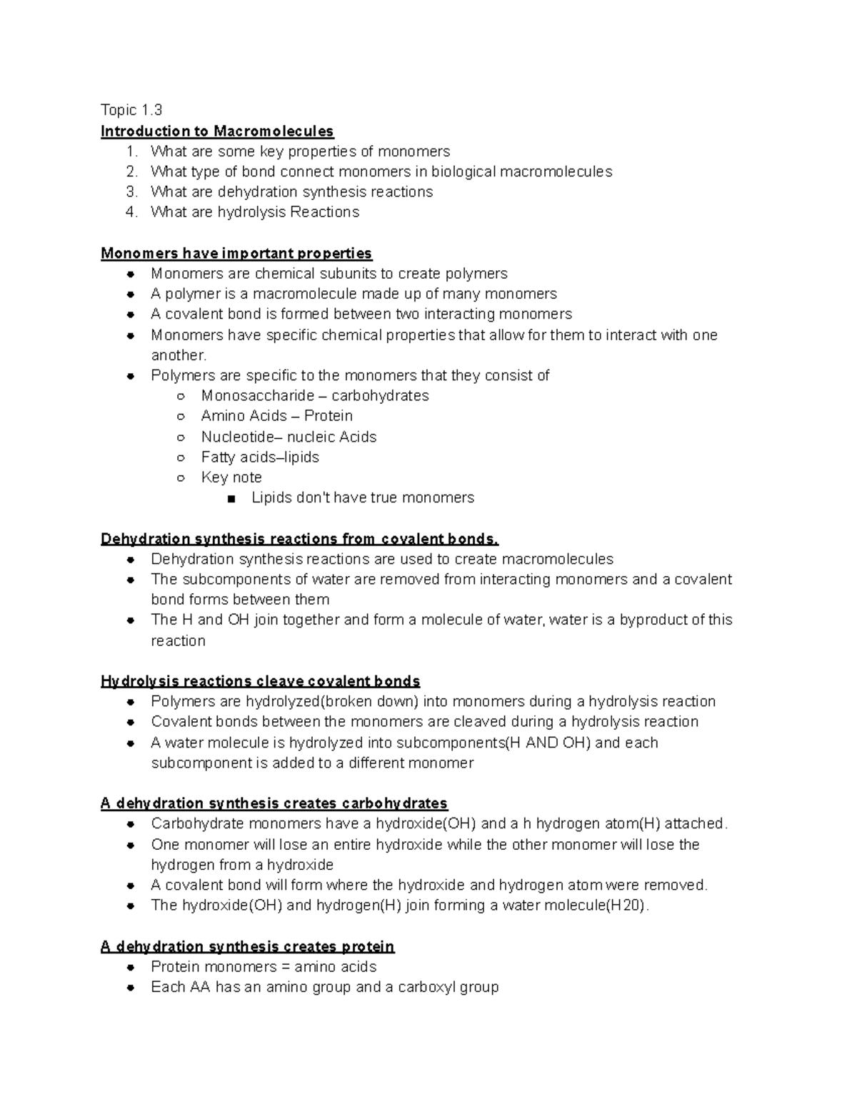 Introduction to Macromolecules: Key Properties of Monomers - Studocu