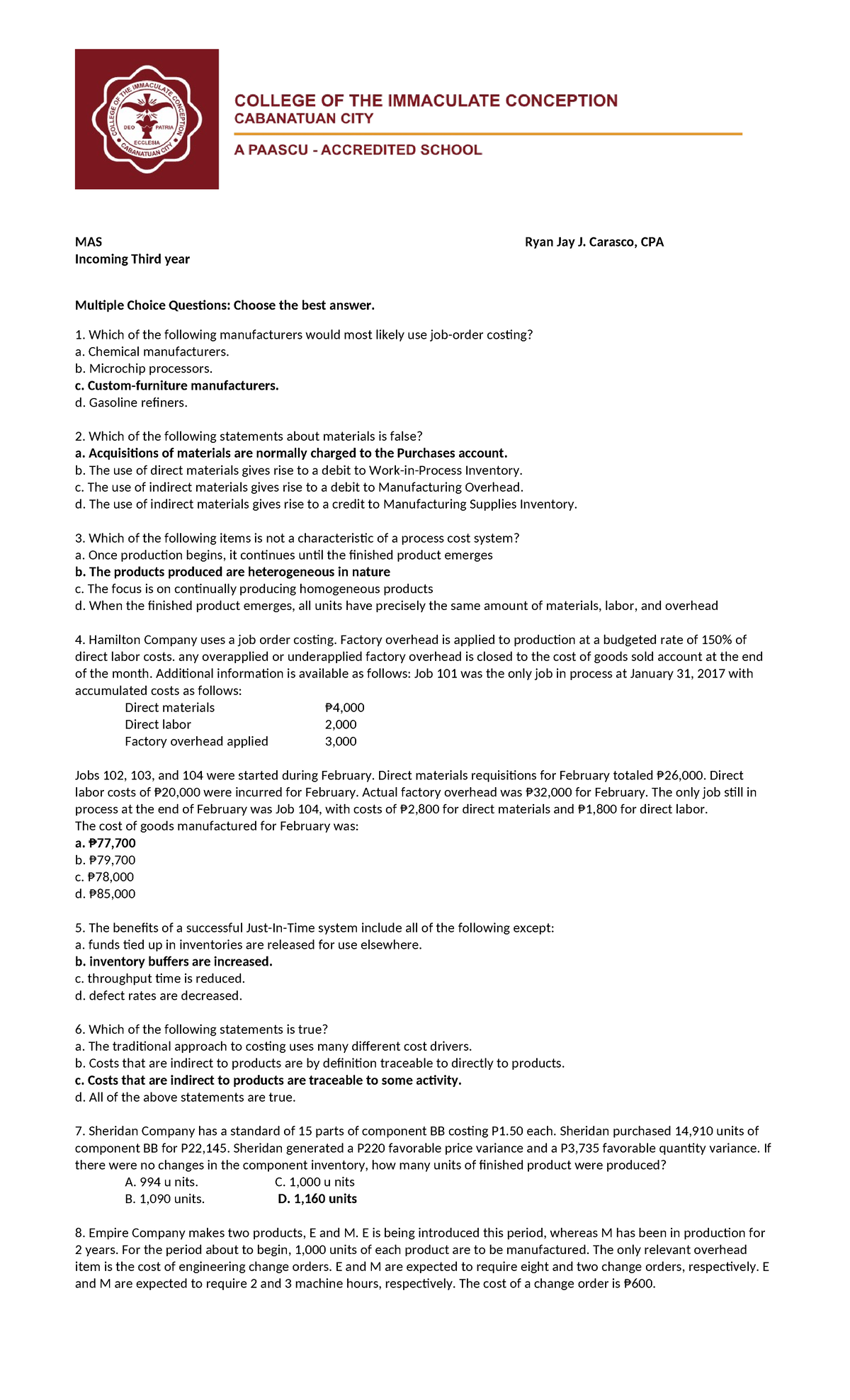 MAS sample questions answer key - MAS Ryan Jay J. Carasco, CPA Incoming ...