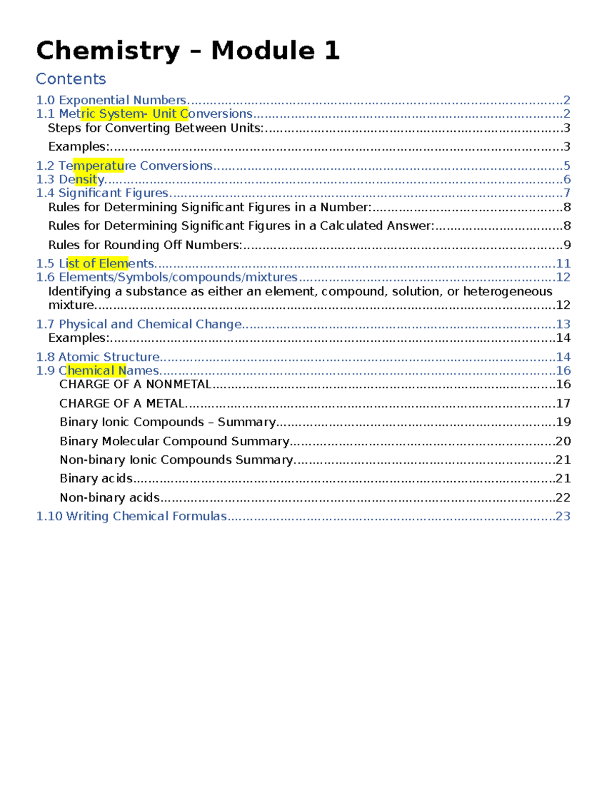 Chemistry 101 - Module 1 Study Notes and Key Concepts - Studocu