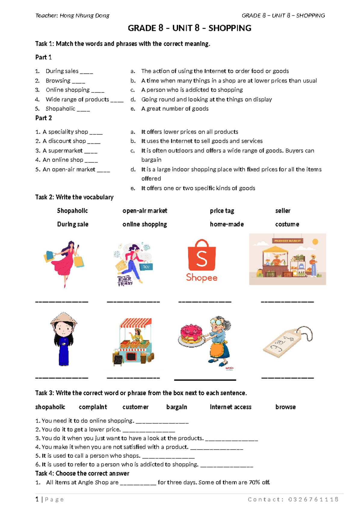 Grade 8 - UNIT 8 - Shopping Vocabulary and Activities - Studocu