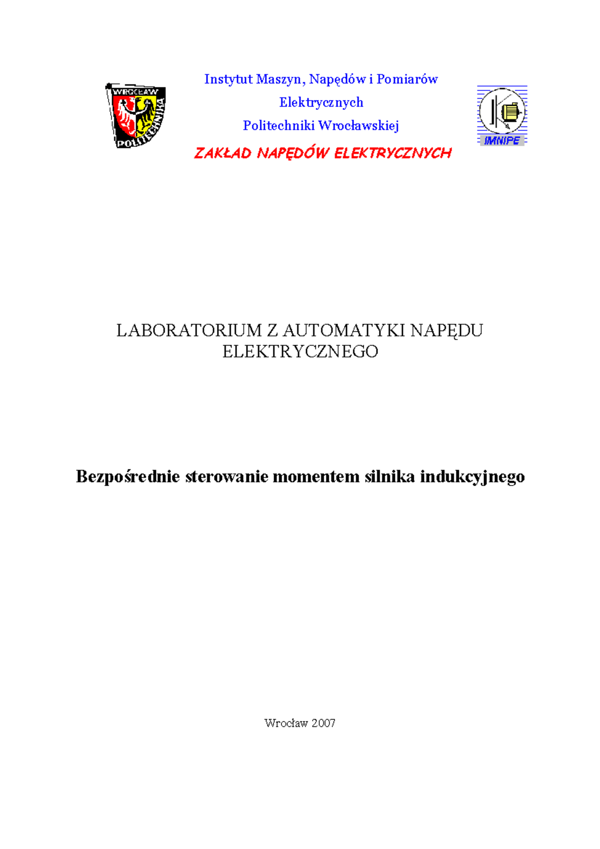Instrukcja Laboratoryjna DTC dla Napędu Elektrycznego SI - Studocu