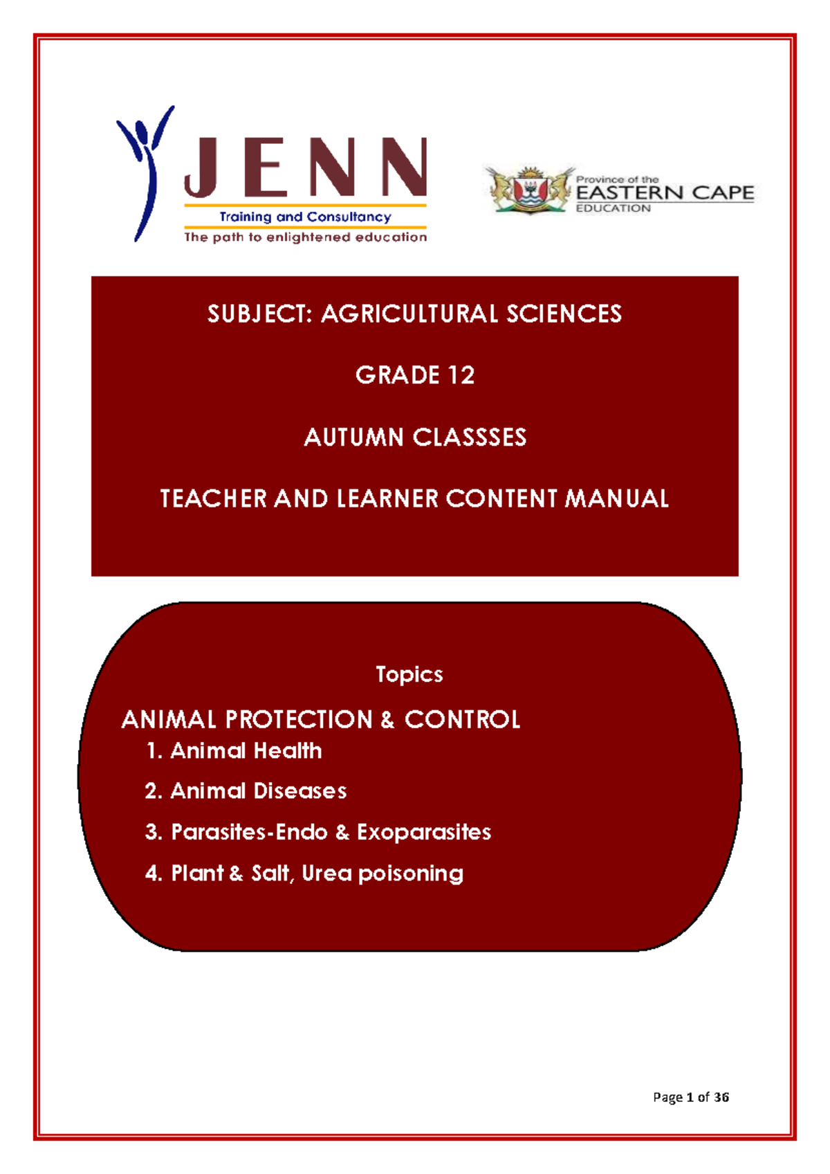 Agricultural Sciences Grade 12 Autumn 2024: Animal Health & Diseases ...