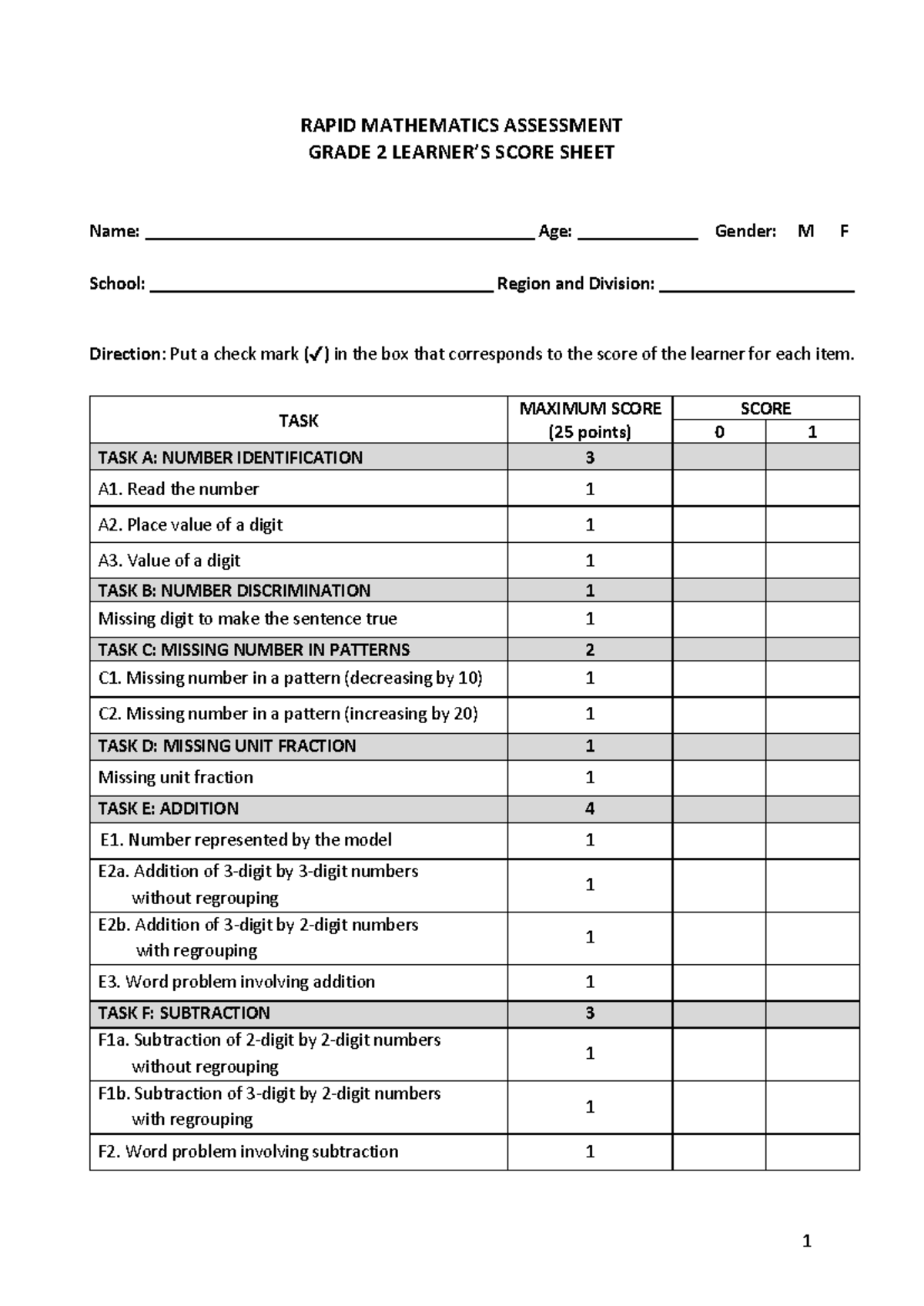 RMA2 Grade 2 Final Mathematics Assessment Score Sheet - Studocu