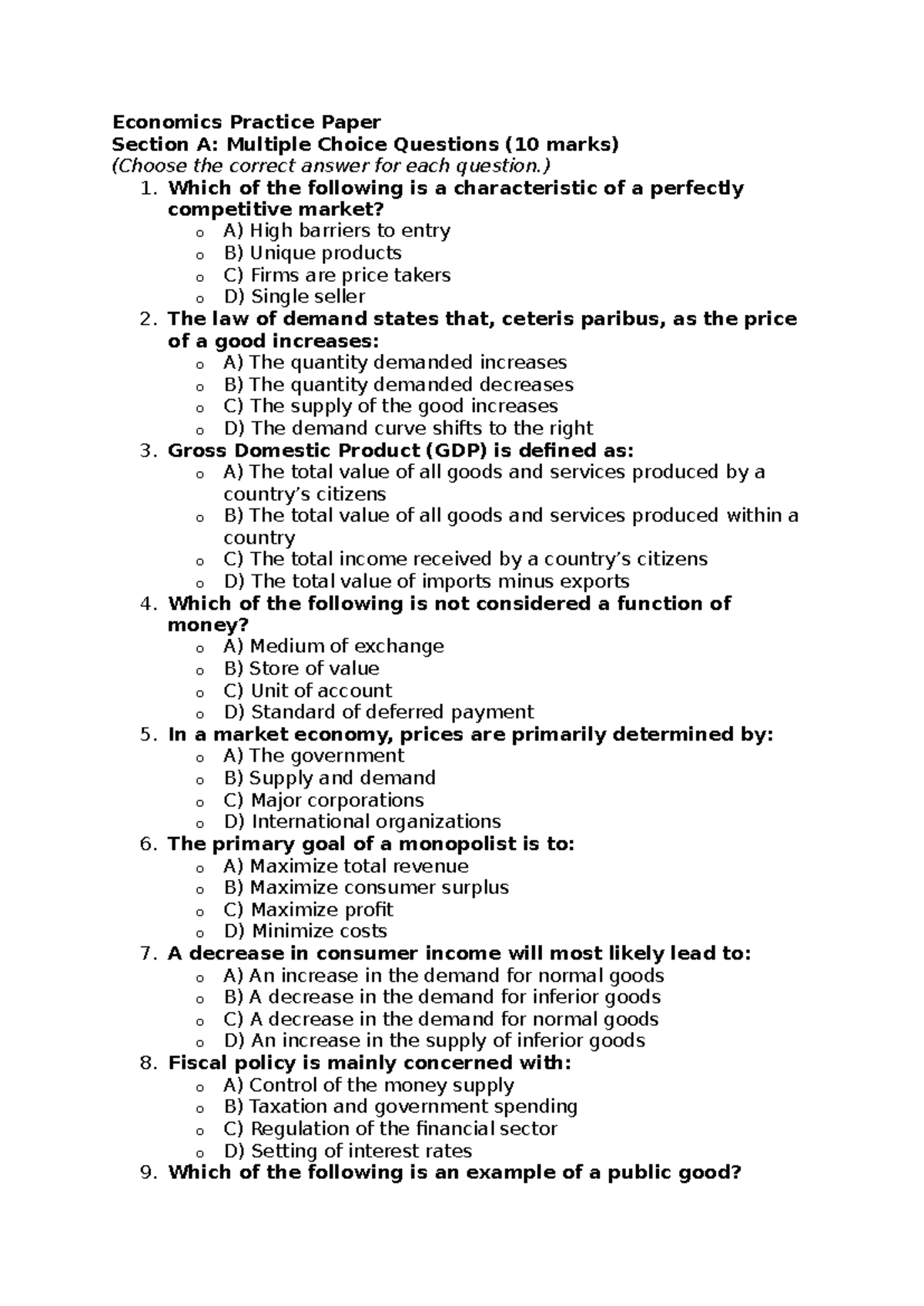 Economics Practice Paper - Multiple Choice & Short Answer Questions ...