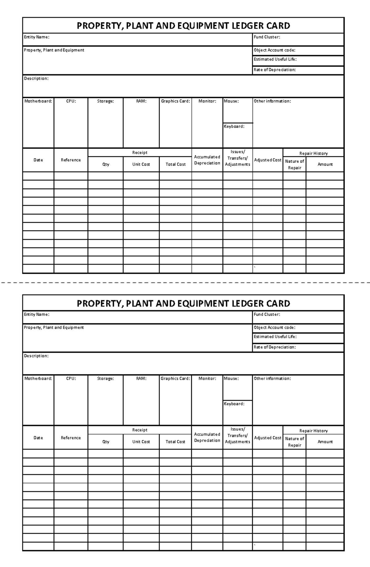 Property, Plant and Equipment Ledger - Mouse: Keyboard: Qty Unit Cost ...