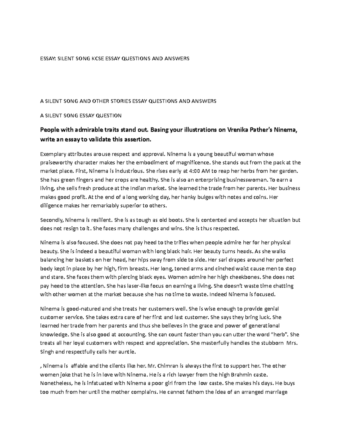 KCSE Essay: "Silent Song" - Analyzing Characters & Traits in Literature ...