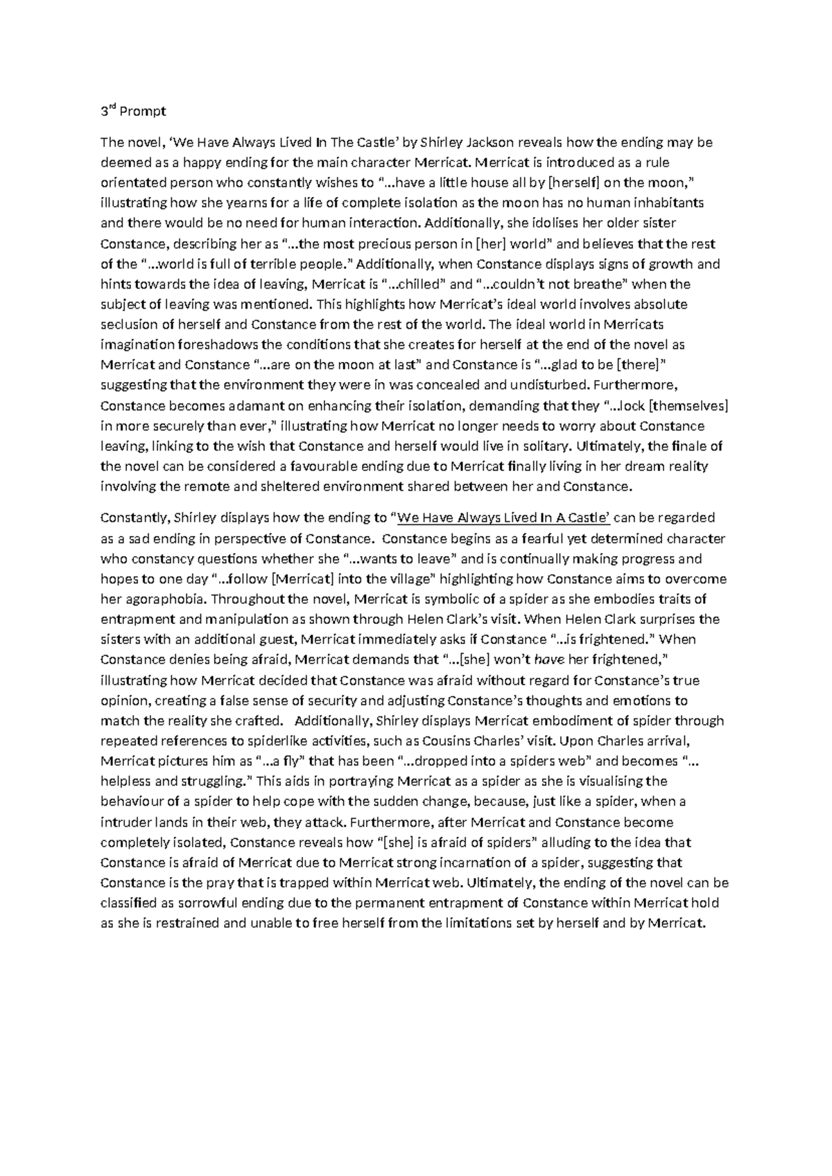 3rd Prompt - Essay on "Have Always Lived In The Castle" by Shirley ...