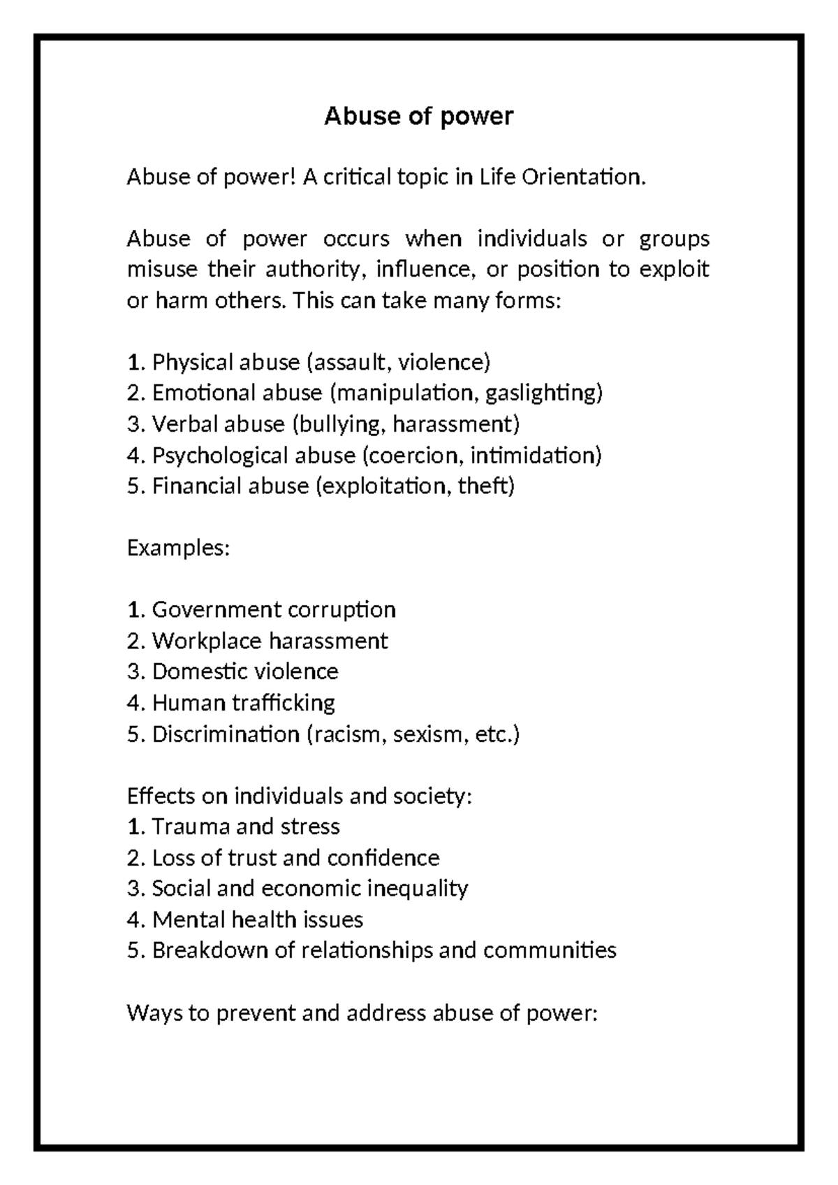 Abuse of Power in Life Orientation - Grade 11 Notes - Studocu