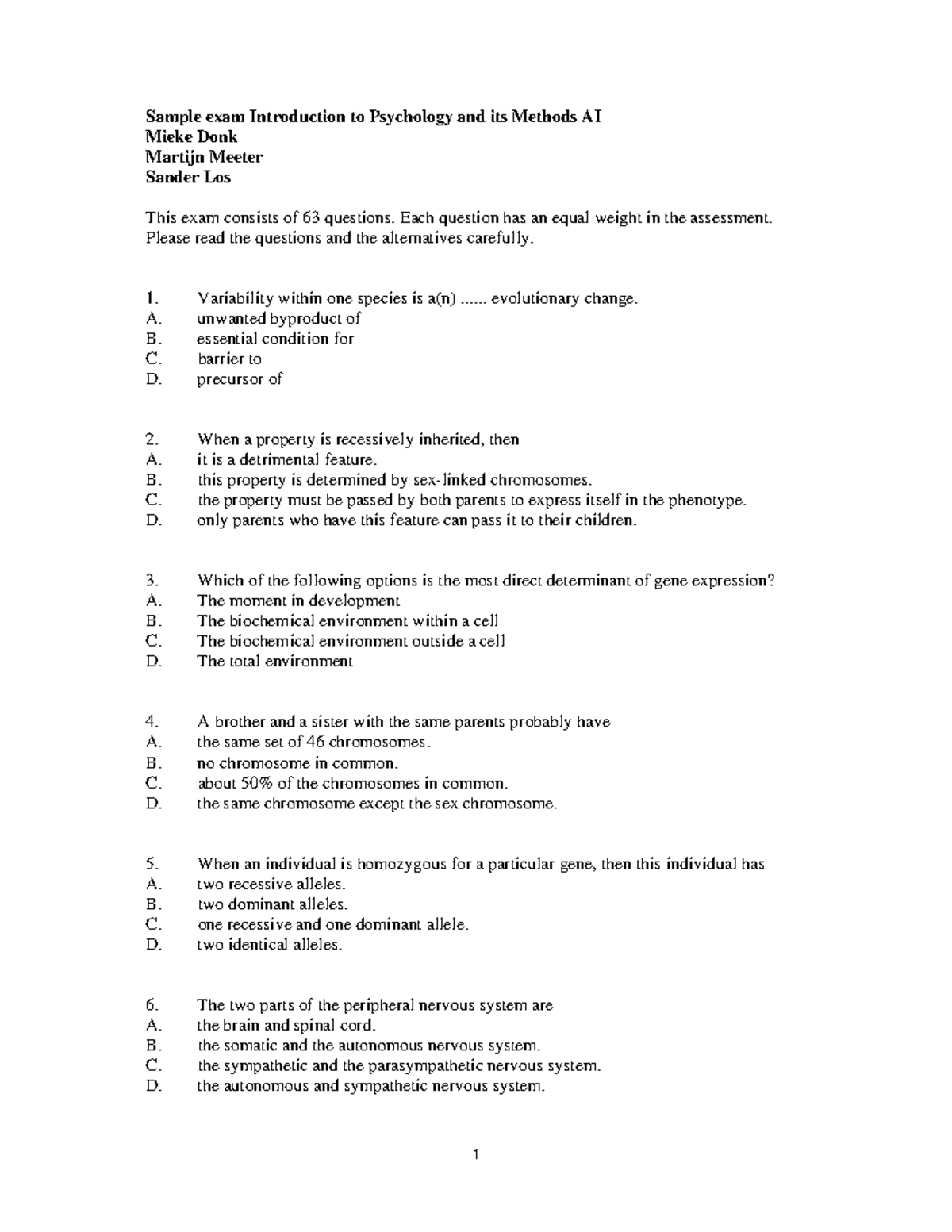 Mock Exam Questions for Intro to Psychology (PSY 101) - Studeersnel