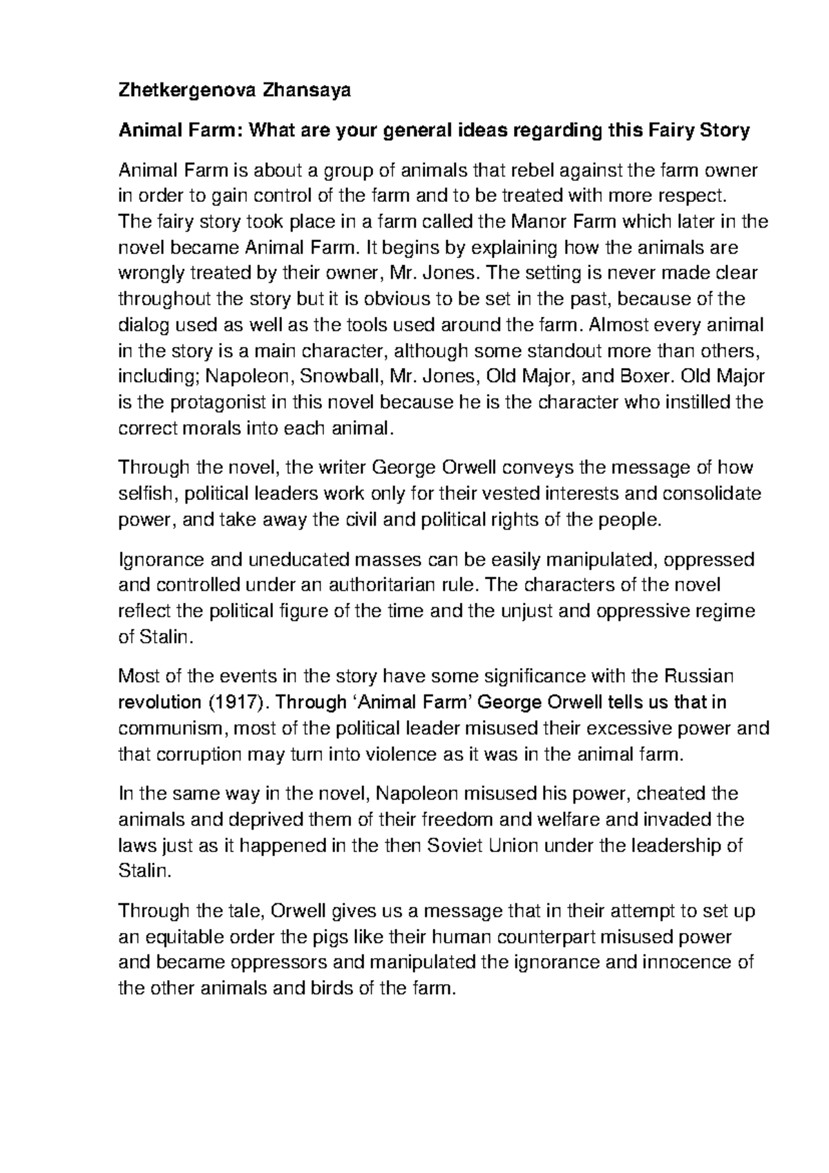 Animal Farm Essay Analysis and Interpretation W1113 - Studocu