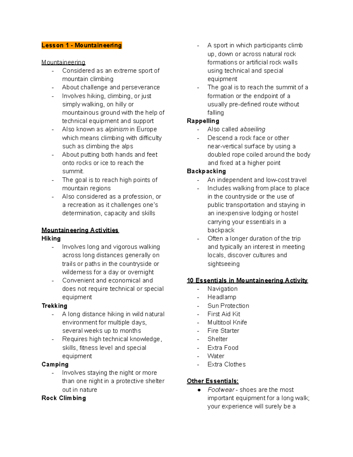 Lesson 1: Mountaineering Fundamentals and Techniques in Health ...
