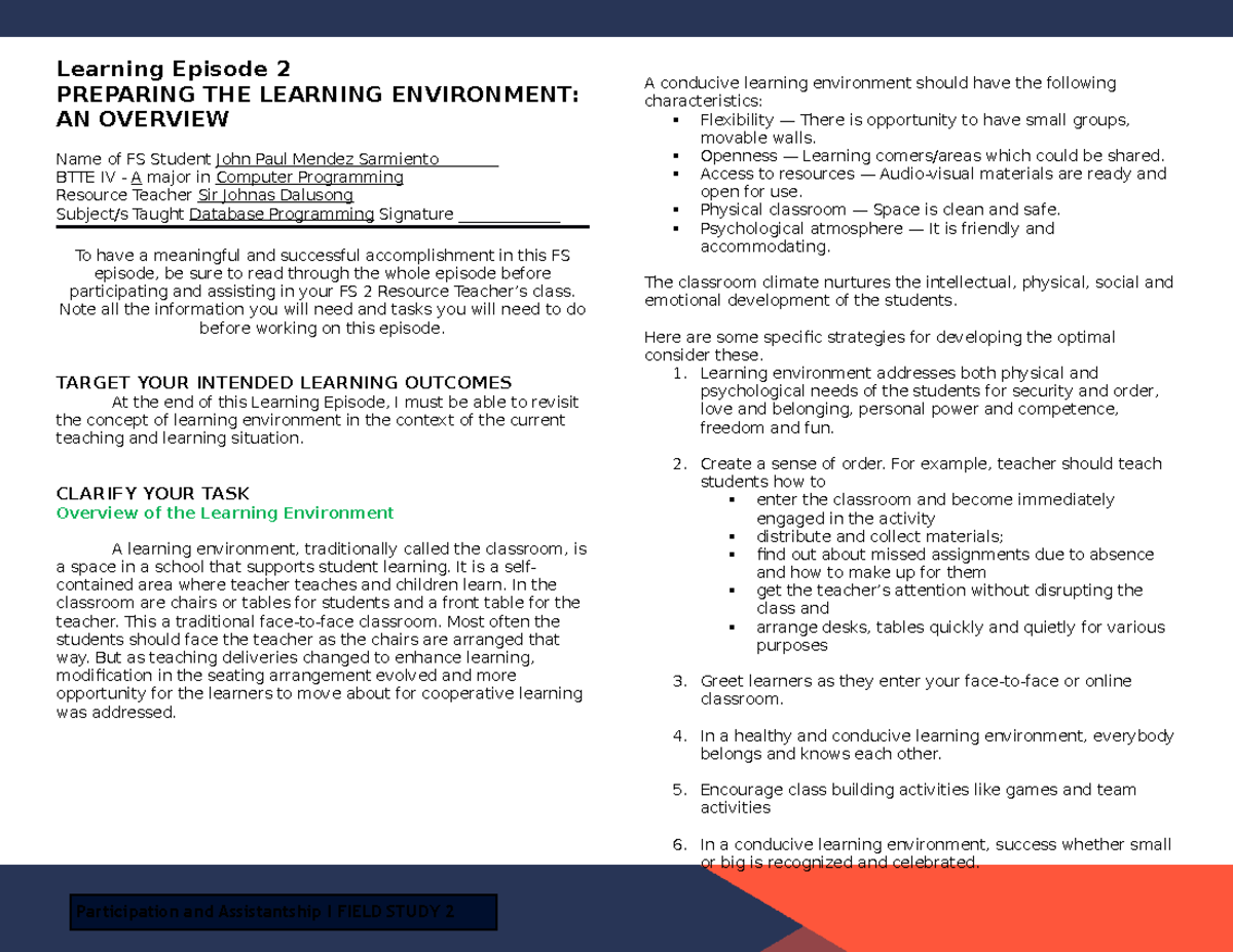 Learning Episode 2: Enhancing the Learning Environment in FS 2 - Studocu