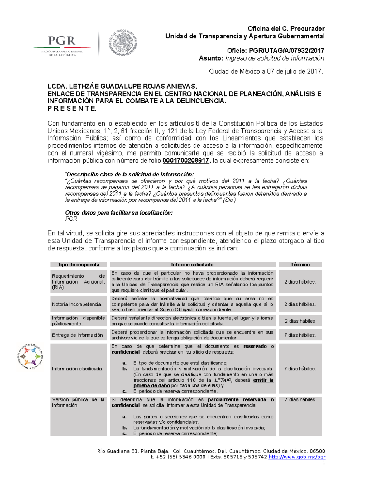 Derivación Cenapi 208917 - Oficina del C. Procurador Unidad de ...