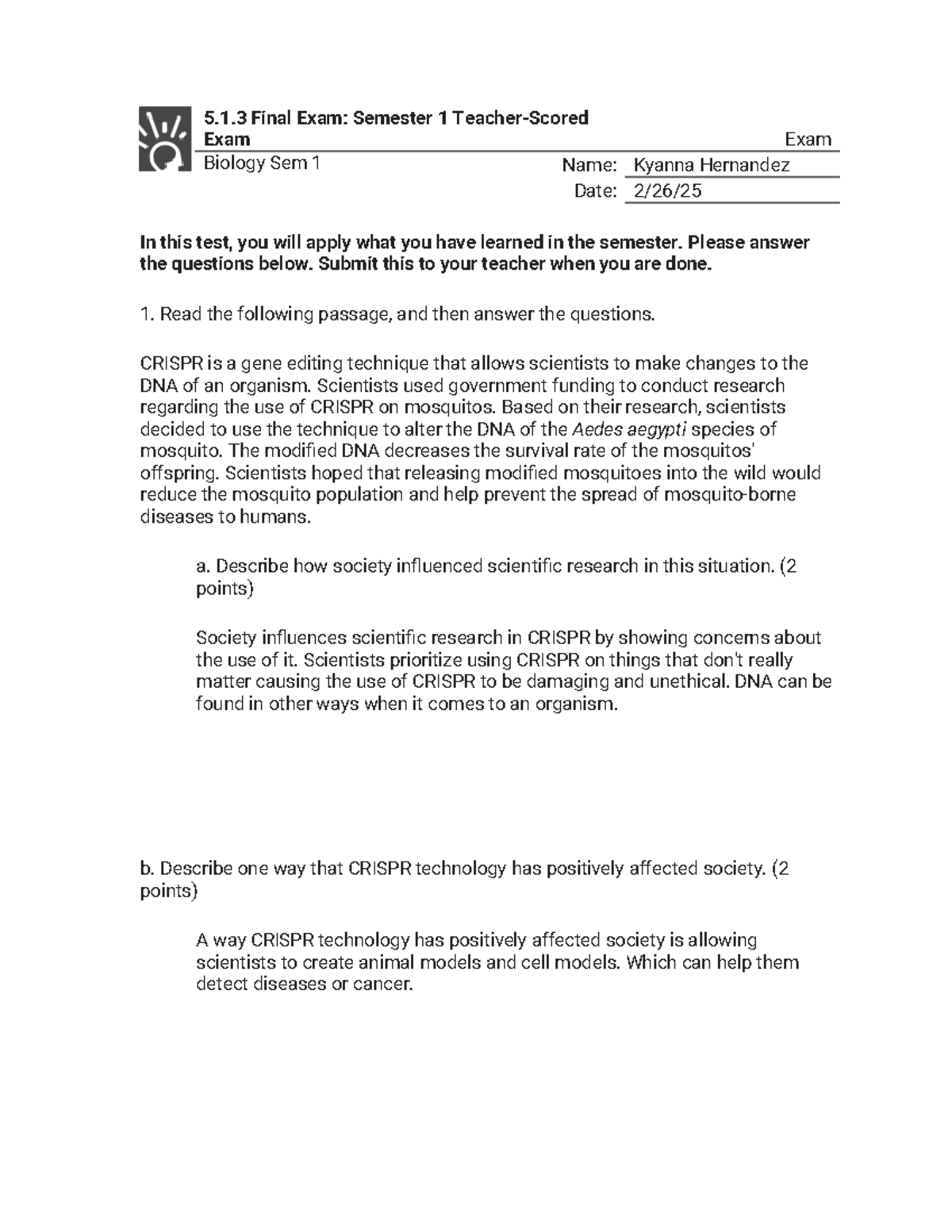 5.1.3 Final Exam - Biology Semester 1 Teacher-Scored Exam - Studocu