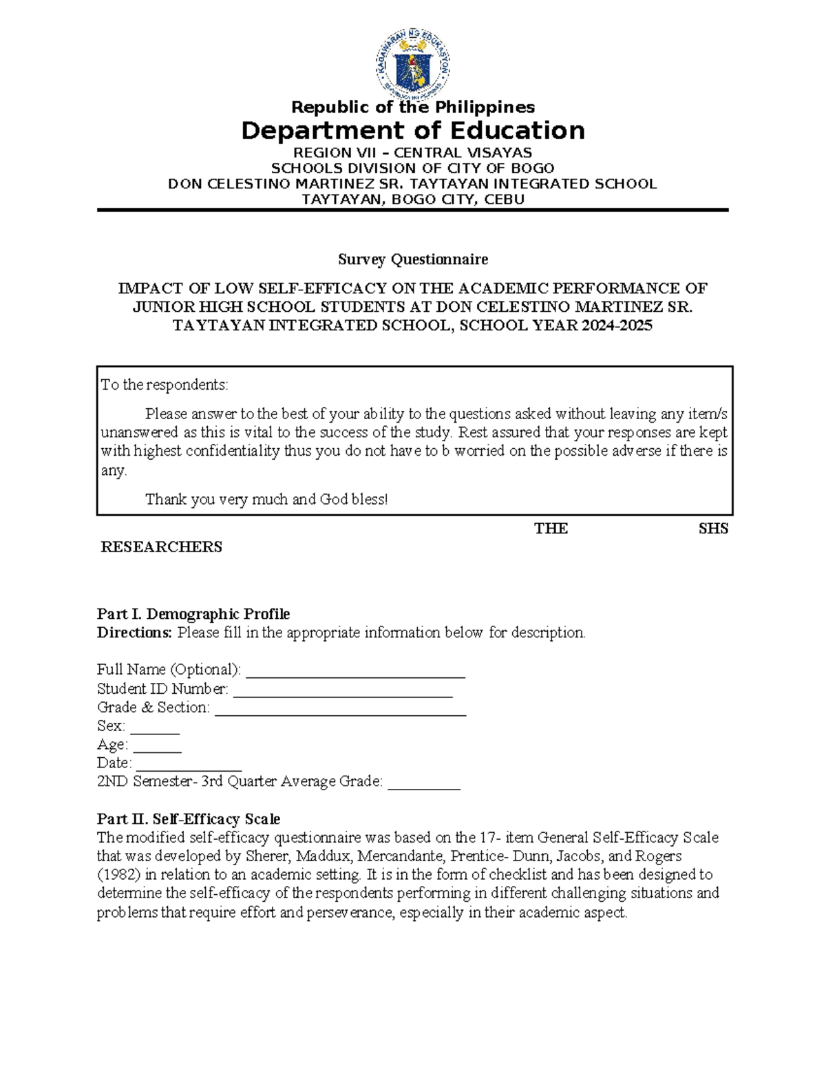 Survey Questionnaire on Low Self-Efficacy Impact - JHS 2024 - Studocu