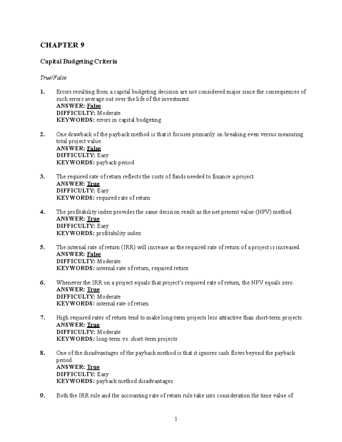 CHAPTER 9 Capital Budgeting Criteria: True/False Questions - Studocu