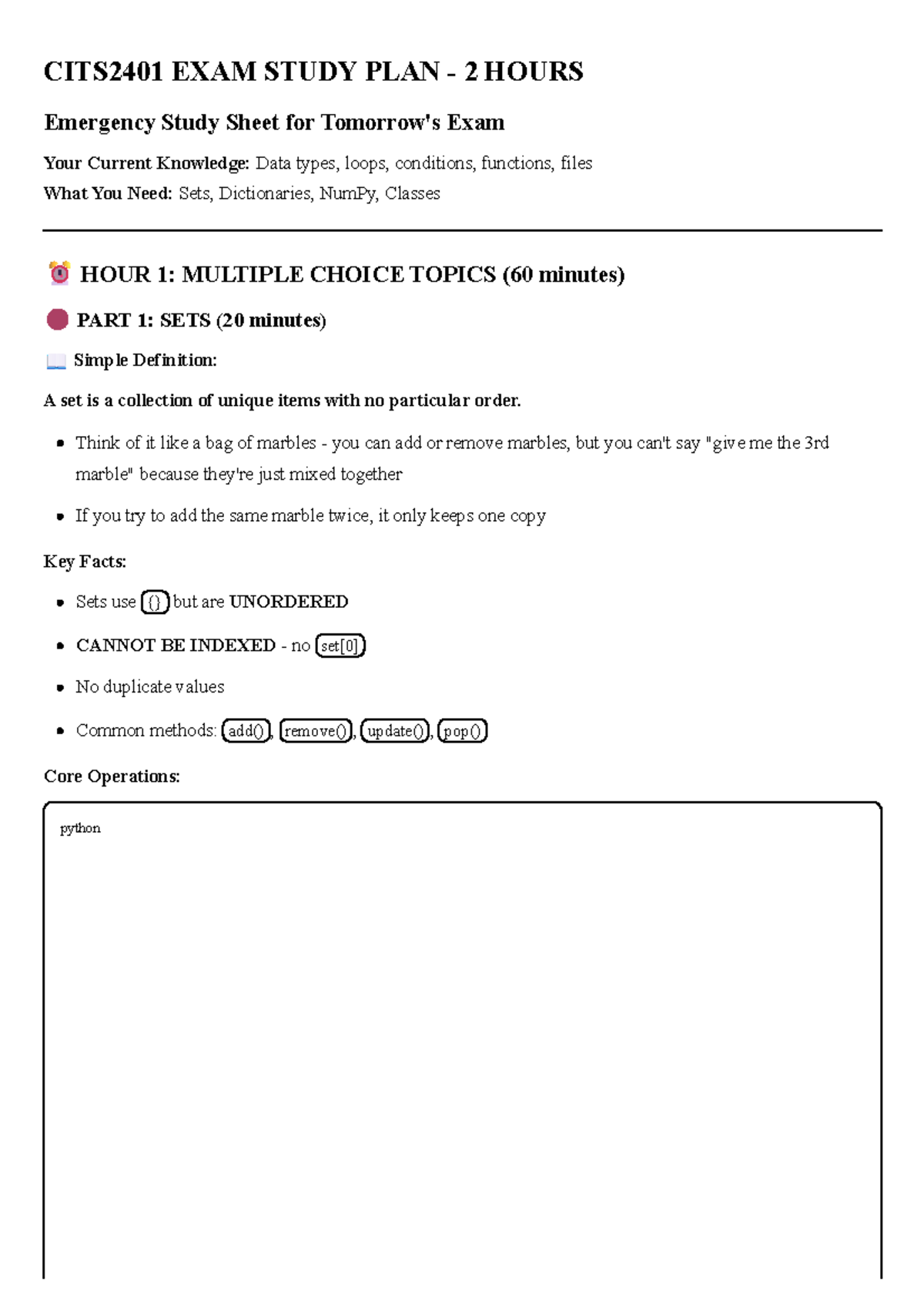 CITS2401 EXAM STUDY PLAN: 2-Hour Emergency Review Guide - Studocu