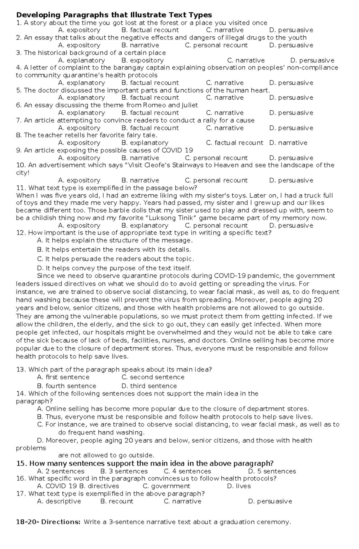 Developing Paragraphs that Illustrate Text Types - A story about the time you got lost at the ...
