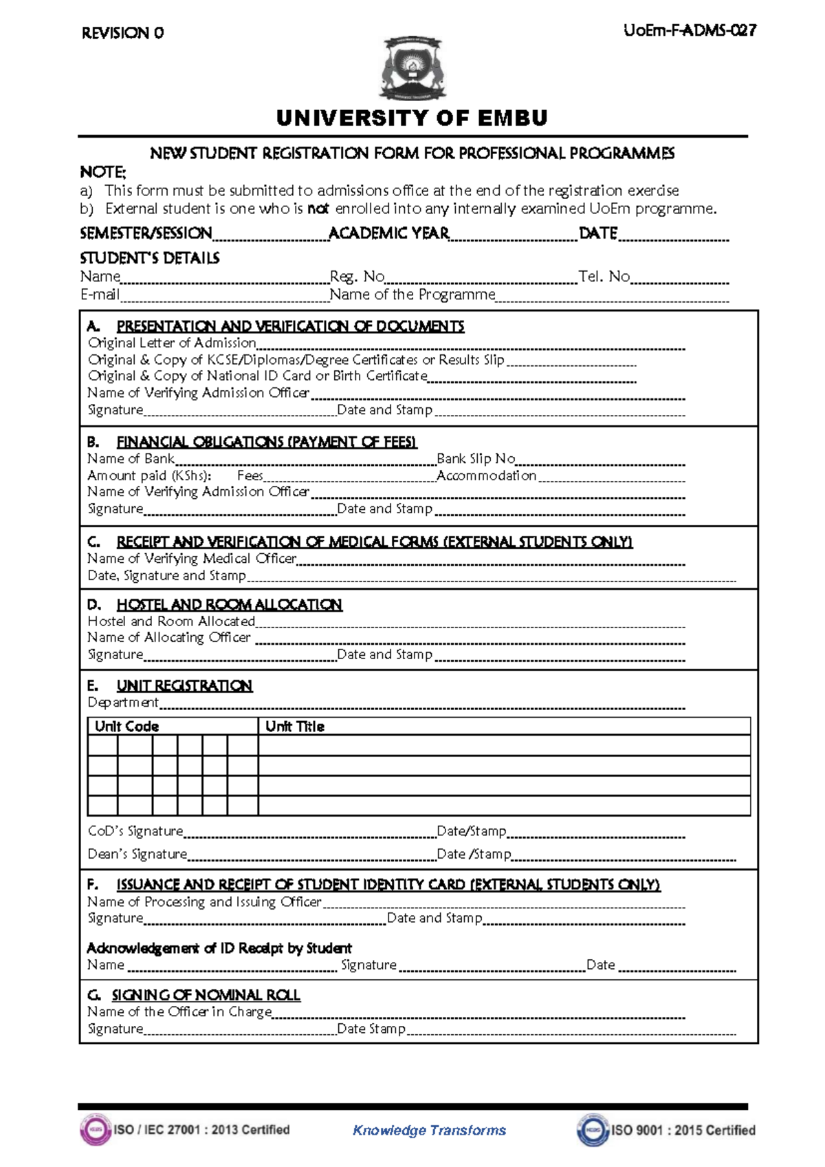 Form 027 New Student Registration Form for professional programmes ...