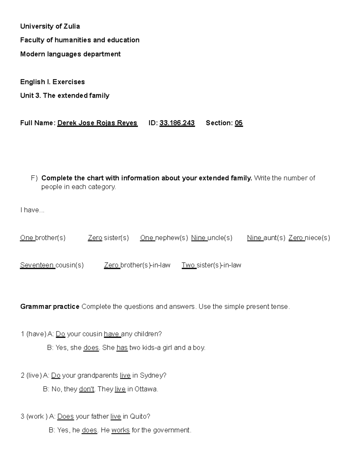 ENG I: Unit 3 Exercises on Extended Family Relationships - Studocu
