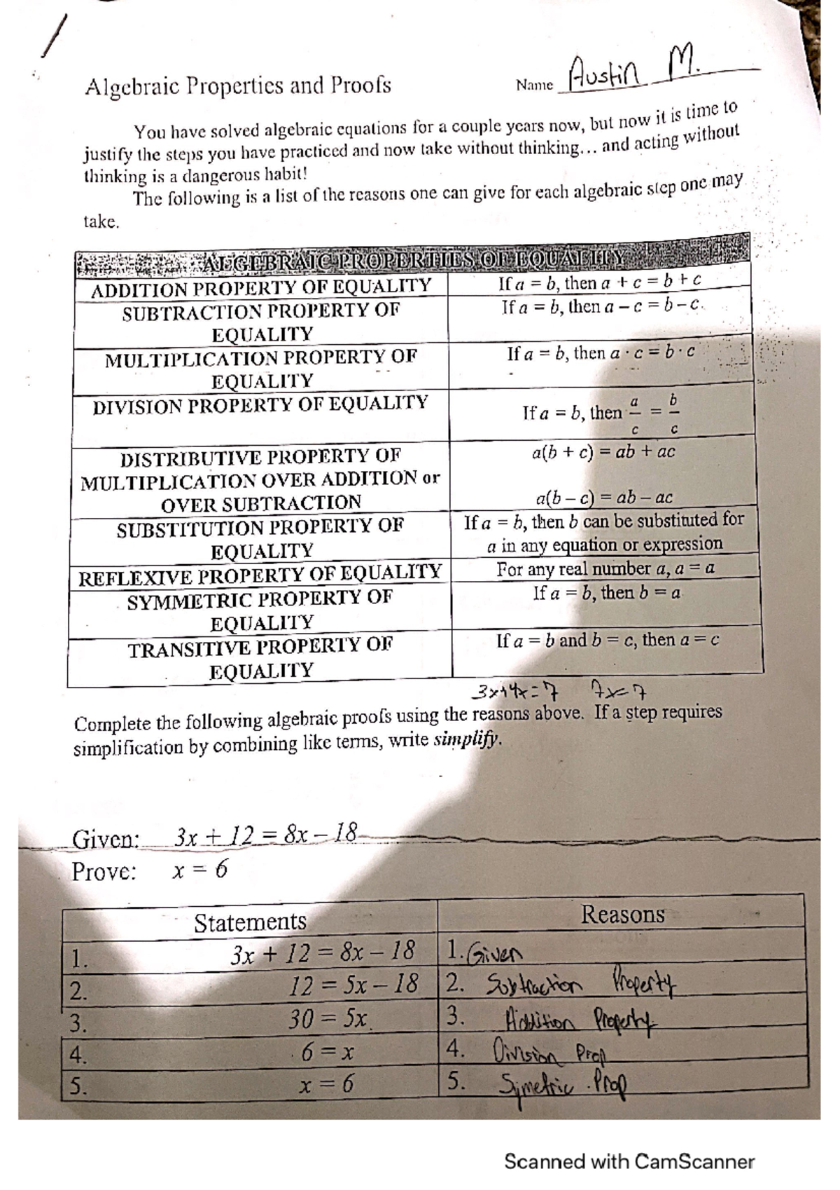 Algebraic Properties and Proofs: Justifying Steps in Algebra - Studocu