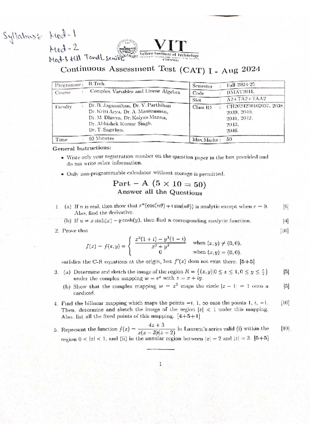 BMAT201L Complex Variables & Linear Algebra CAT I Aug 2024 Notes - Studocu