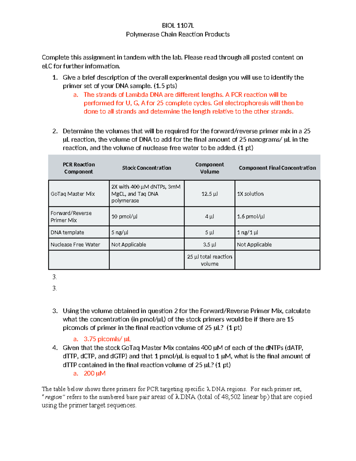 BIOL 1107L PCR Experimental Design and Reaction Components - Studocu