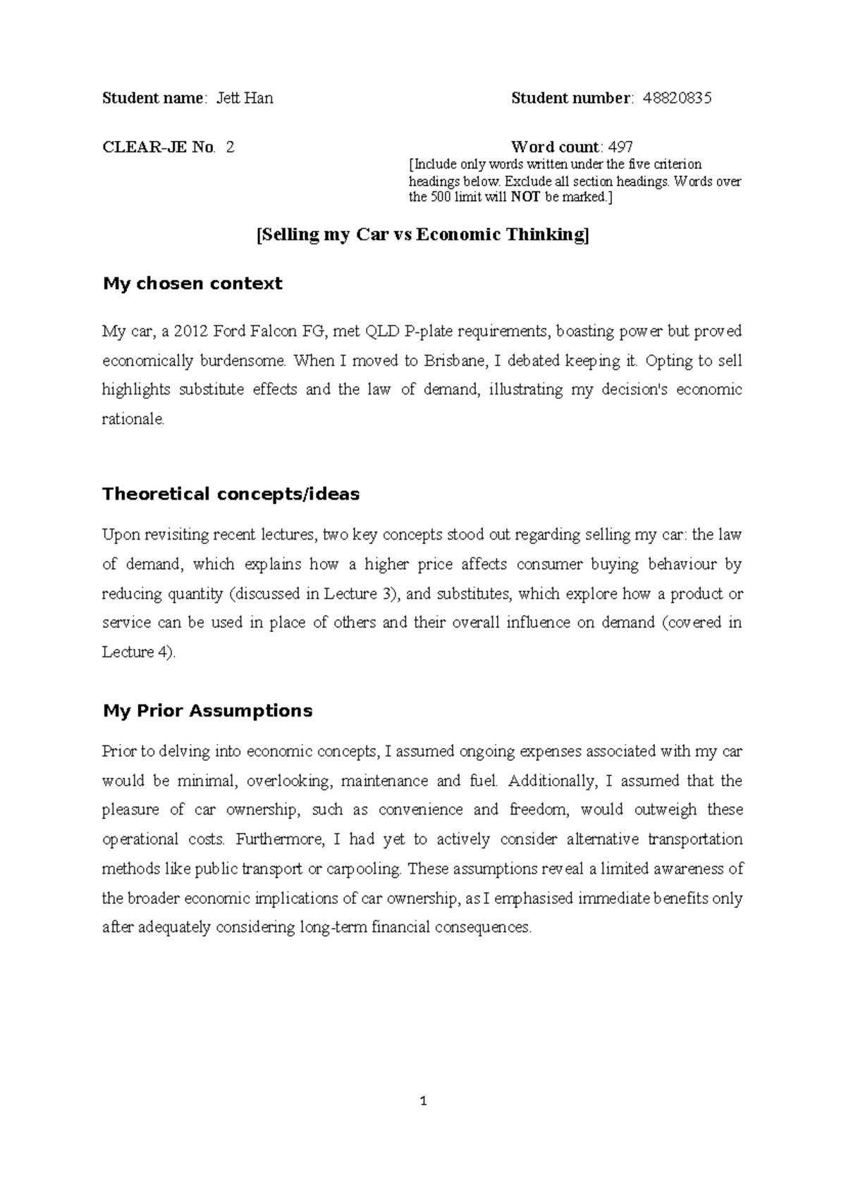 Selling My Car and Economic Thinking: Clear JE 2 Insights - Studocu
