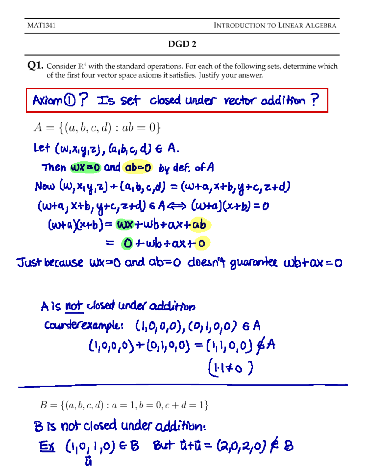 DGD2 - Solution to Axiom D and Closure Under Addition in Matrices - Studocu