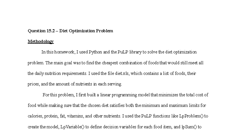 Homework 11: Diet Optimization Problem Methodology Using Python - Studocu