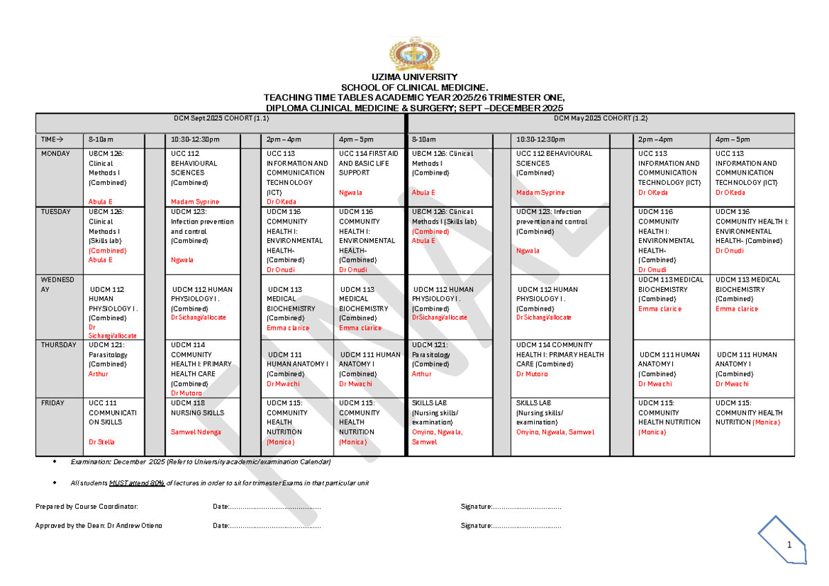 UZIMA UNIVERSITY DCM Teaching Timetable: Sept-Dec 2025 - Studocu