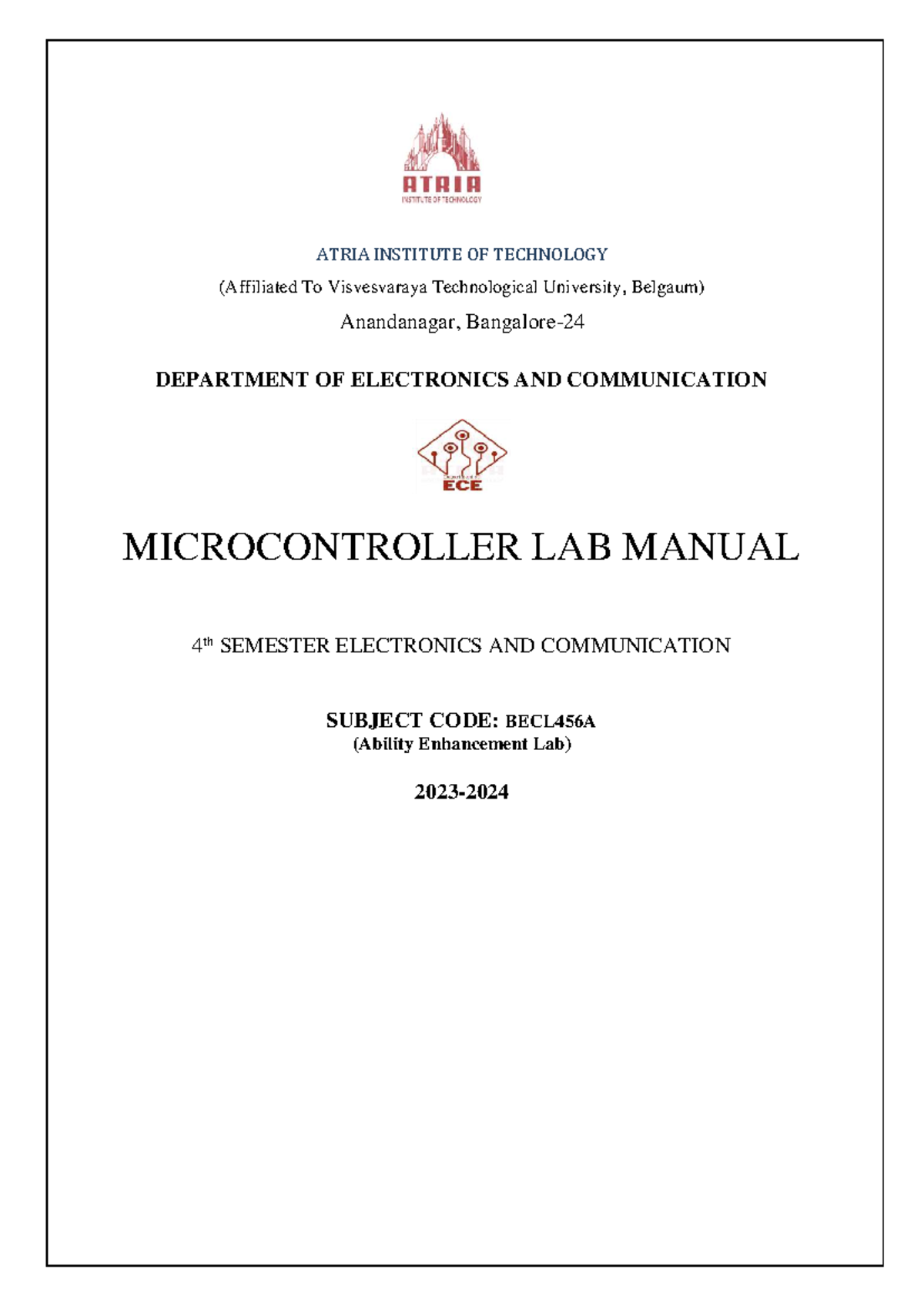 Microcontroller Lab Manual for 4th Sem ECE - BECL456A - Studocu