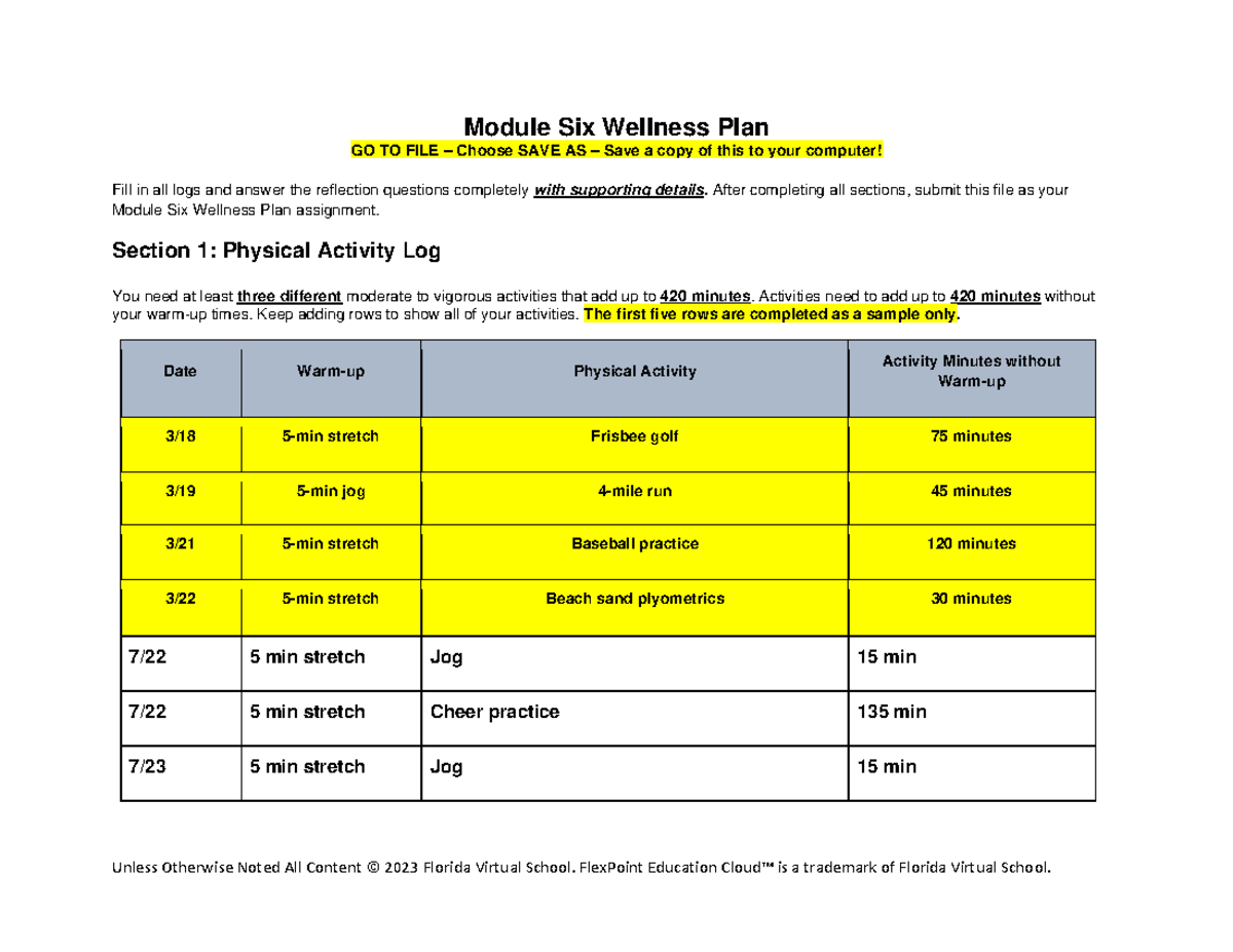 Module six wellness plan - Module Six Wellness Plan GO TO FILE – Choose ...