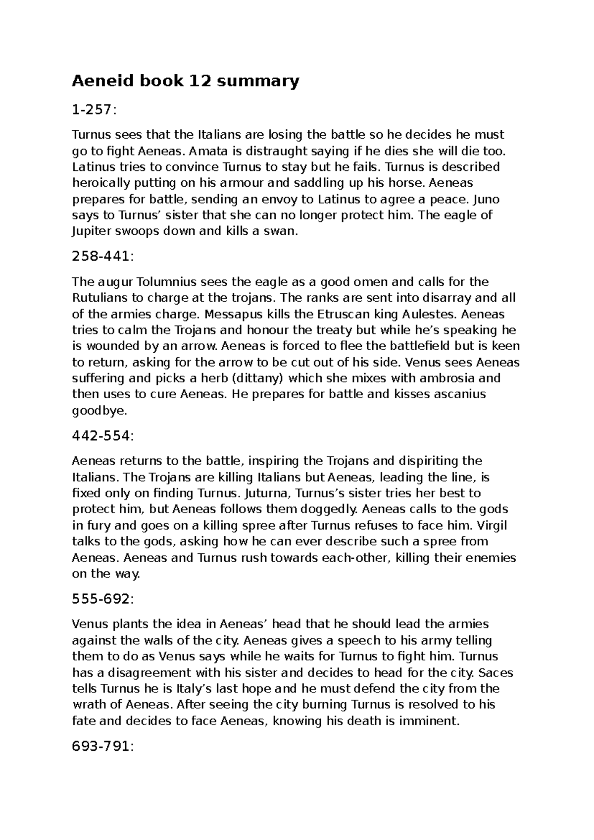 Aeneid Book 12 Summary: Turnus' Fate and Aeneas' Wrath - Studocu