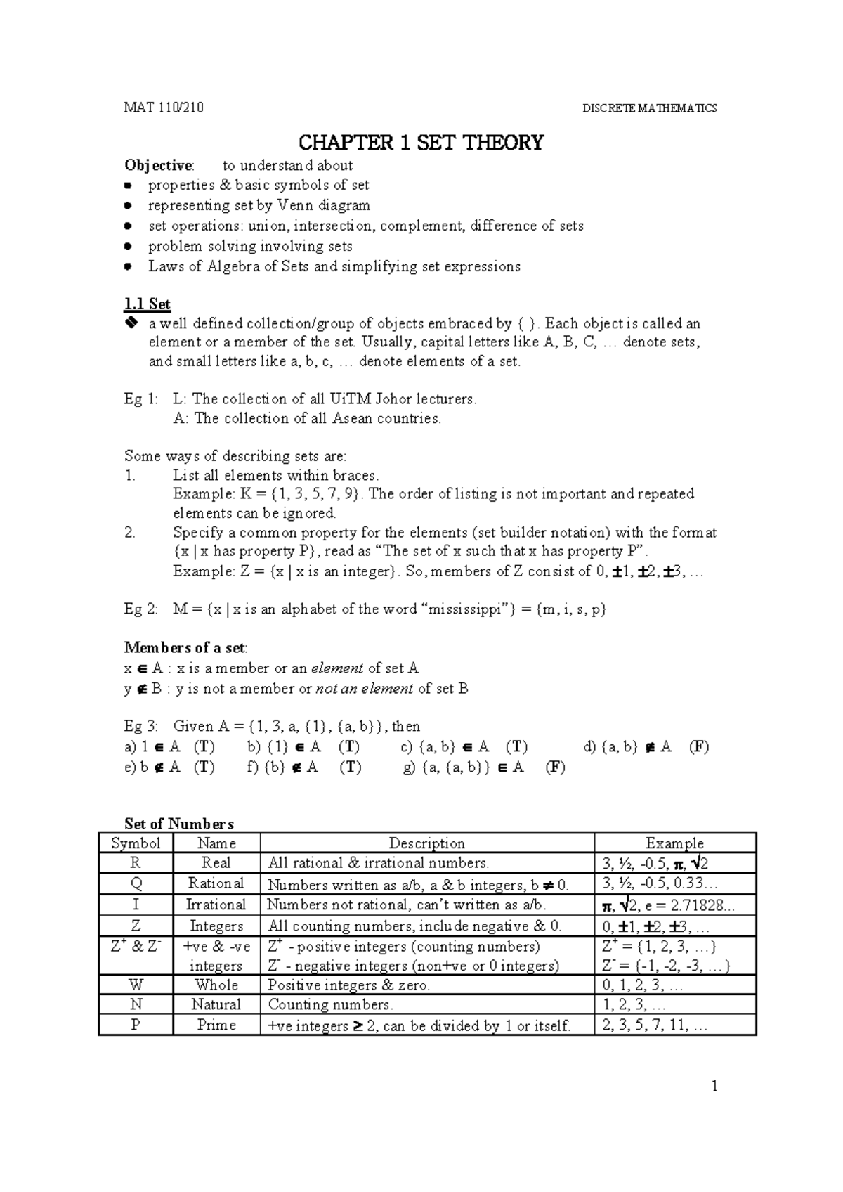 C1 DISCRETE MATHEMATICS: Set Theory Concepts and Operations - Studocu