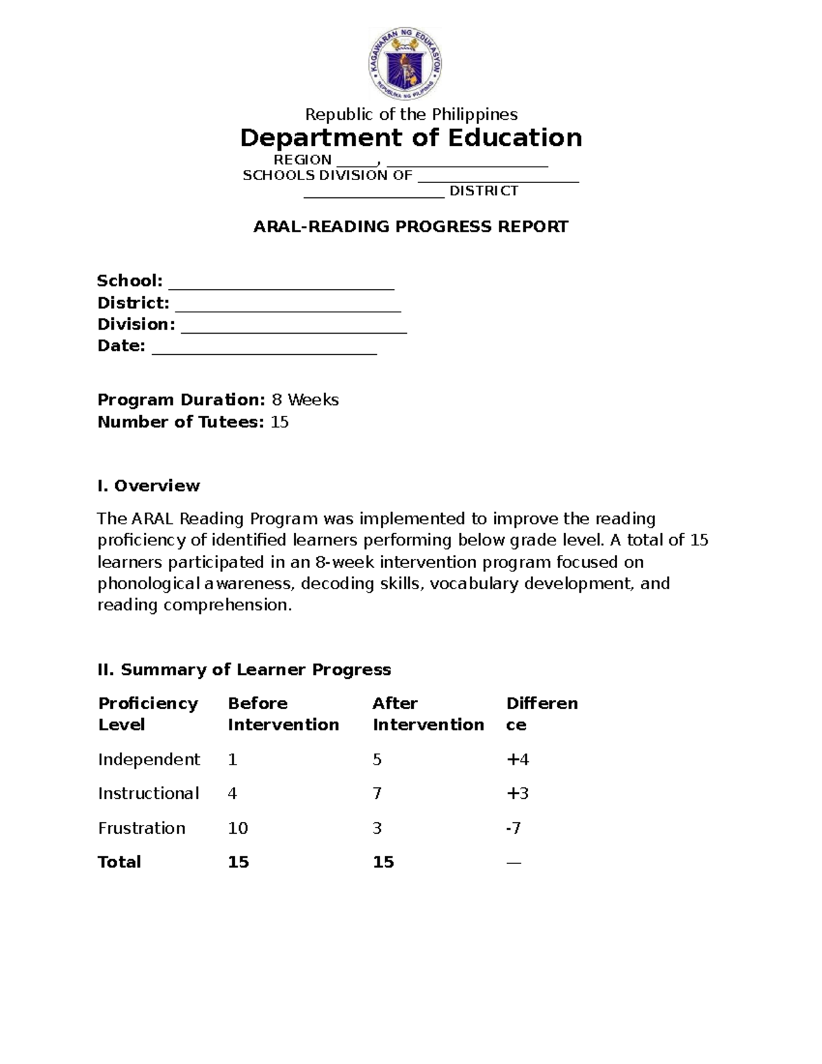 ARAL Reading Progress Report: 8-Week Intervention Results - Studocu
