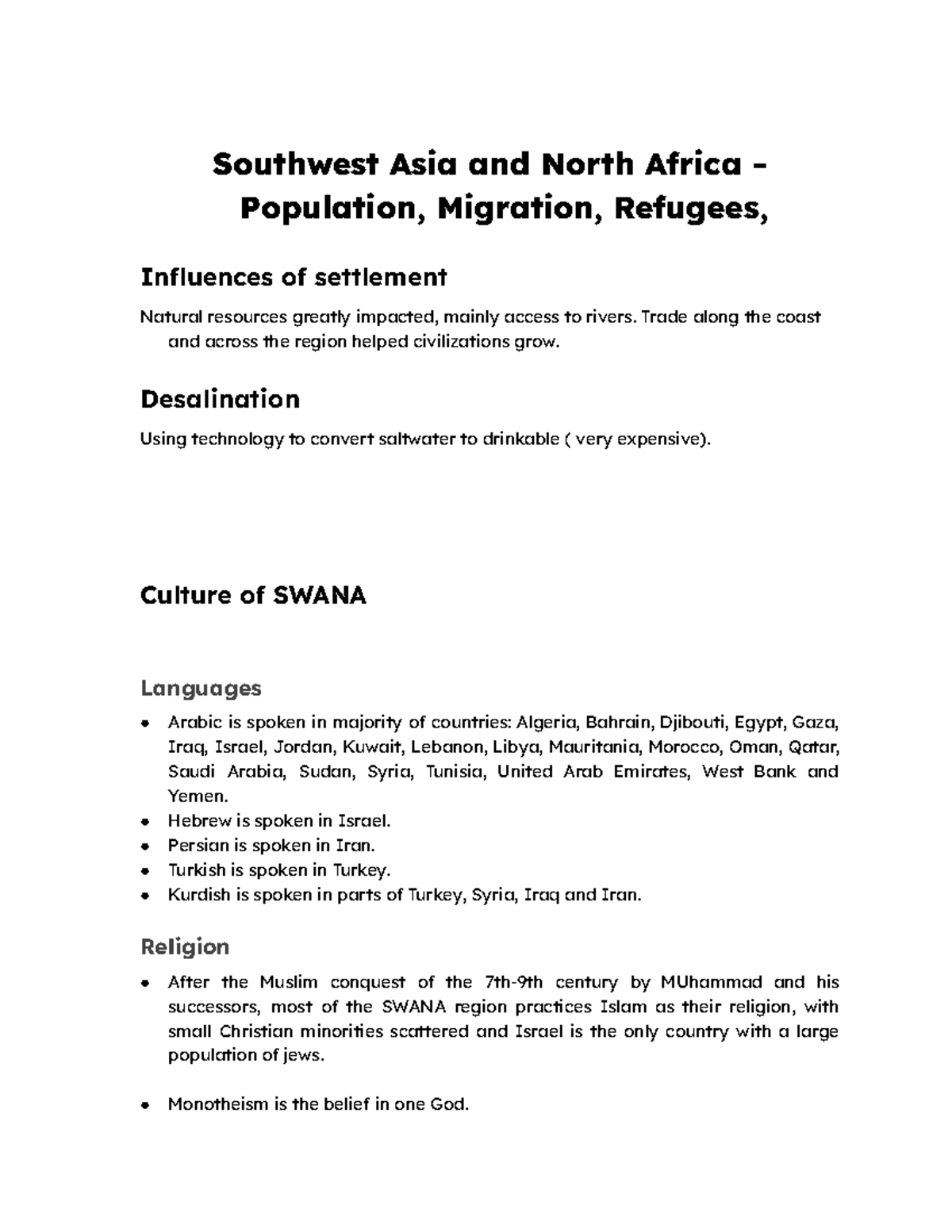 SWANA: Population, Migration, and Cultural Influences Overview - Studocu