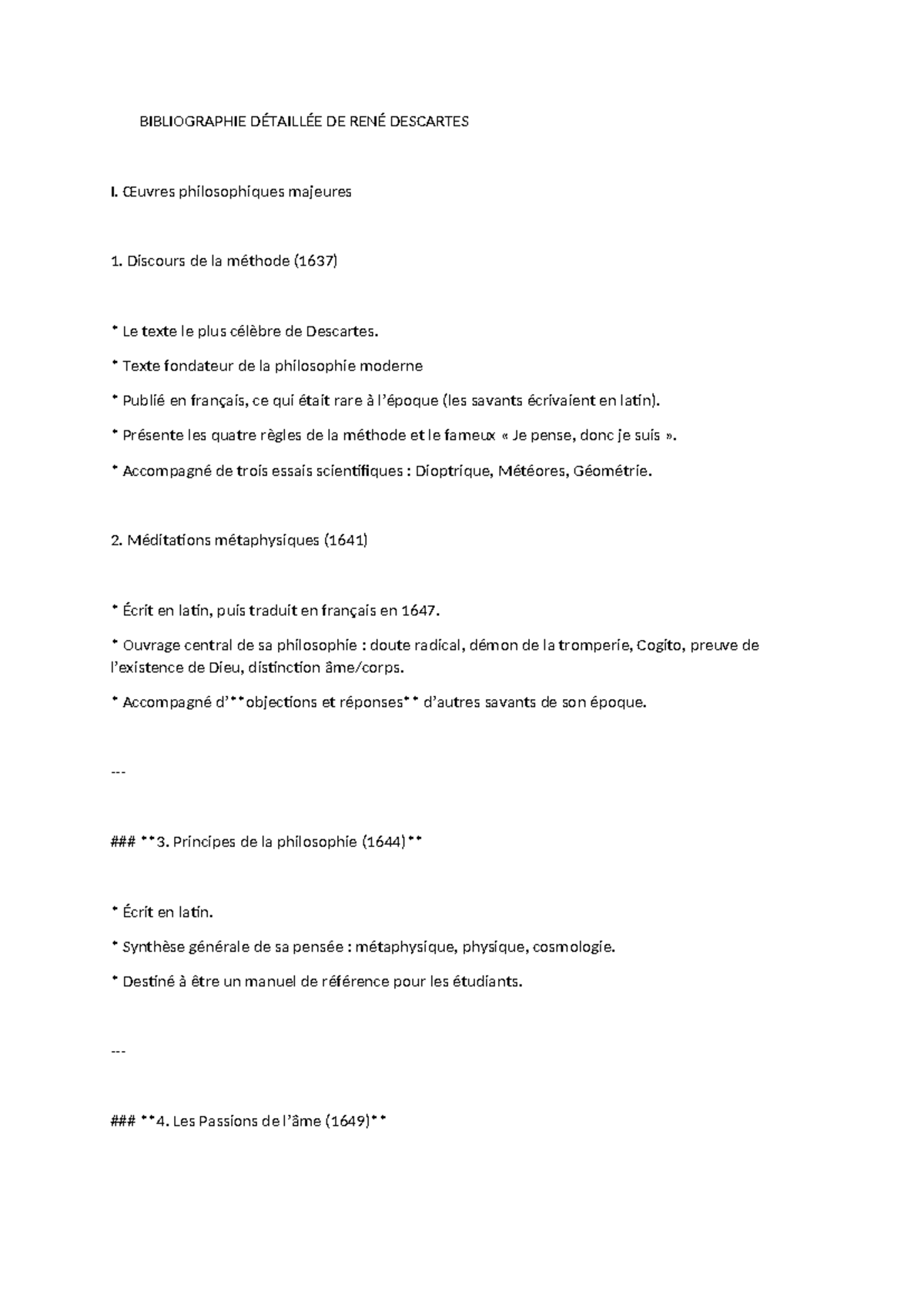 Bibliographie Détailée de René Descartes - Œuvres Philosophiques - Studocu
