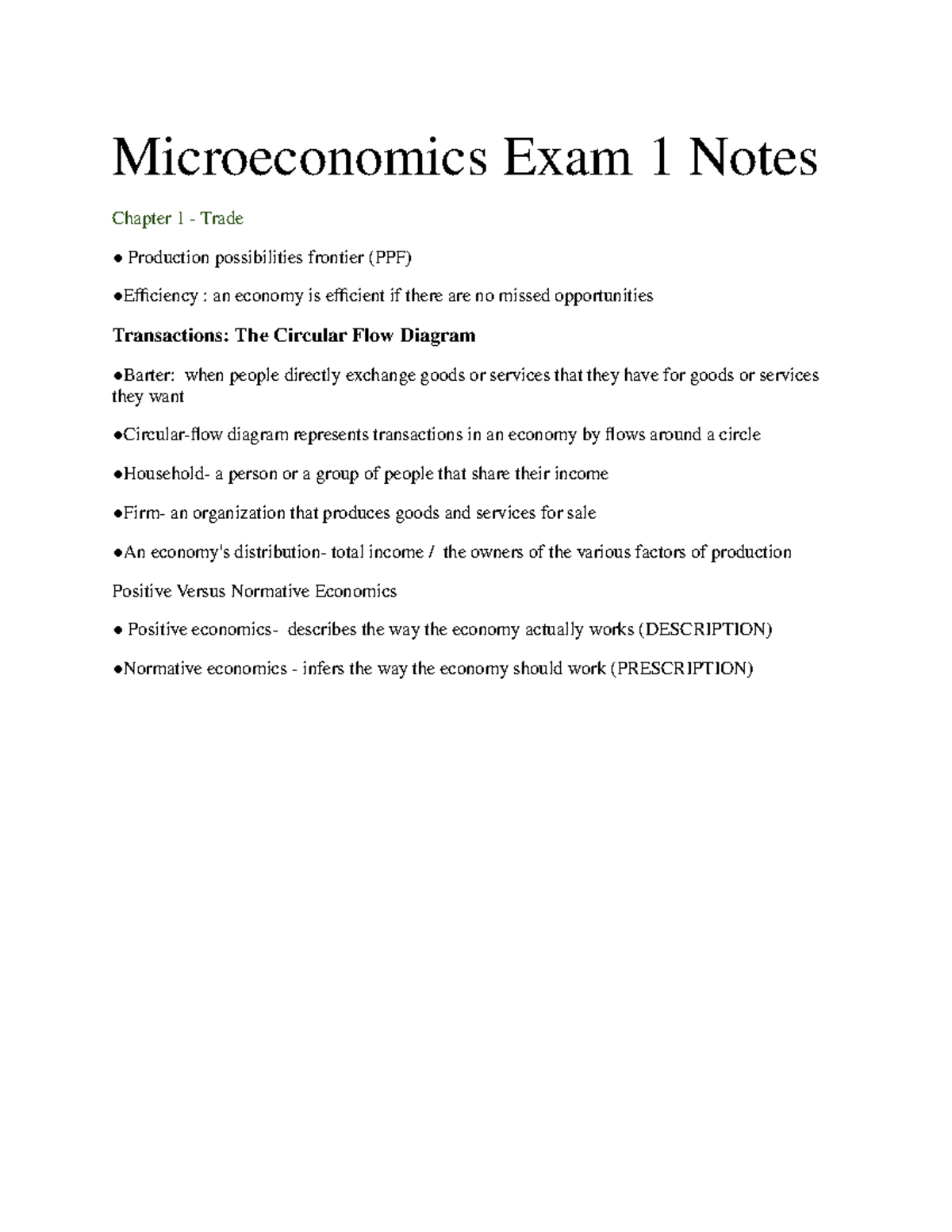 Microeconomics Exam 1 Notes: PPF, Circular Flow, and Economic ...