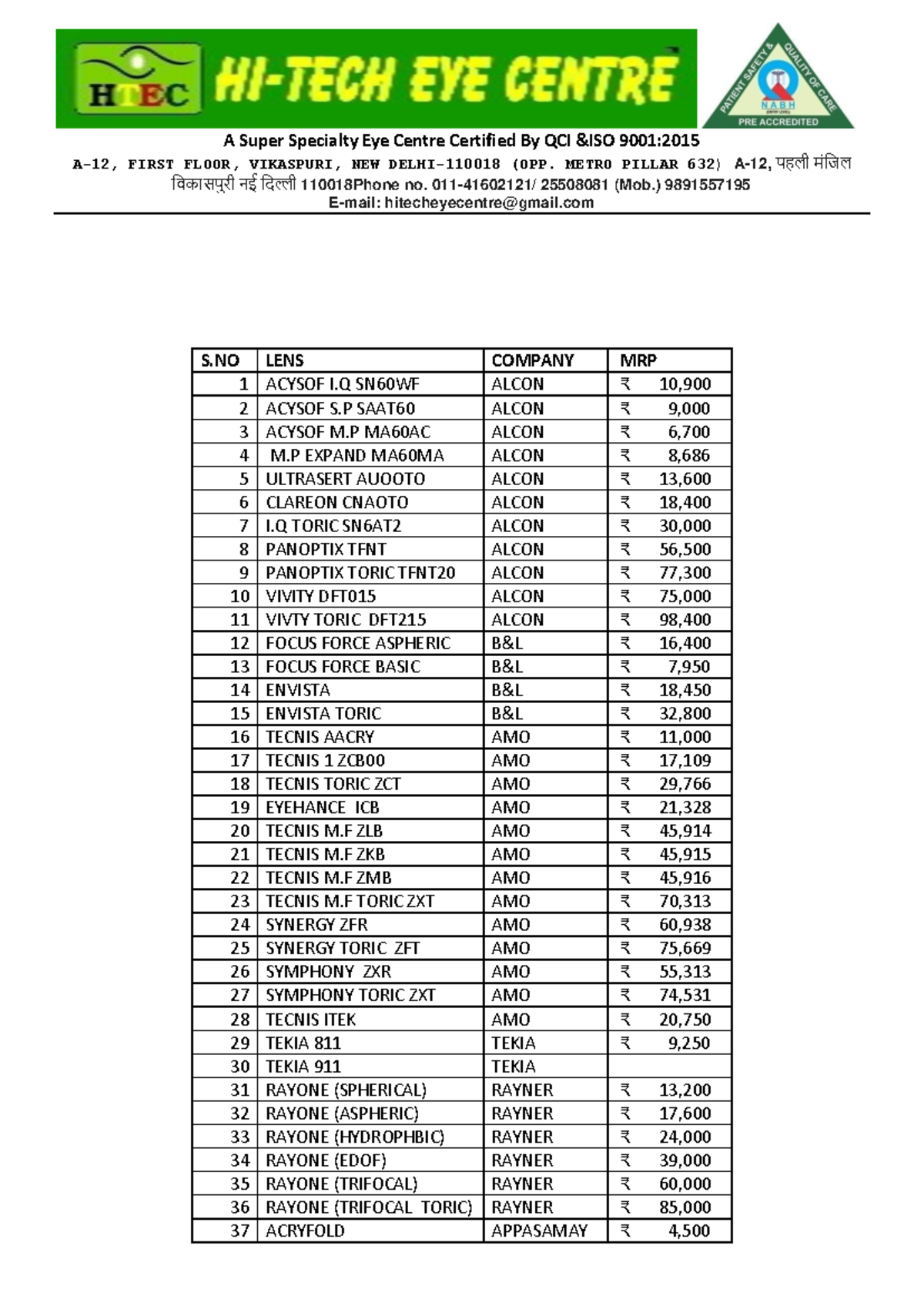 Lens Price List (MRP) - Comprehensive Collection of Eye Lenses - Studocu