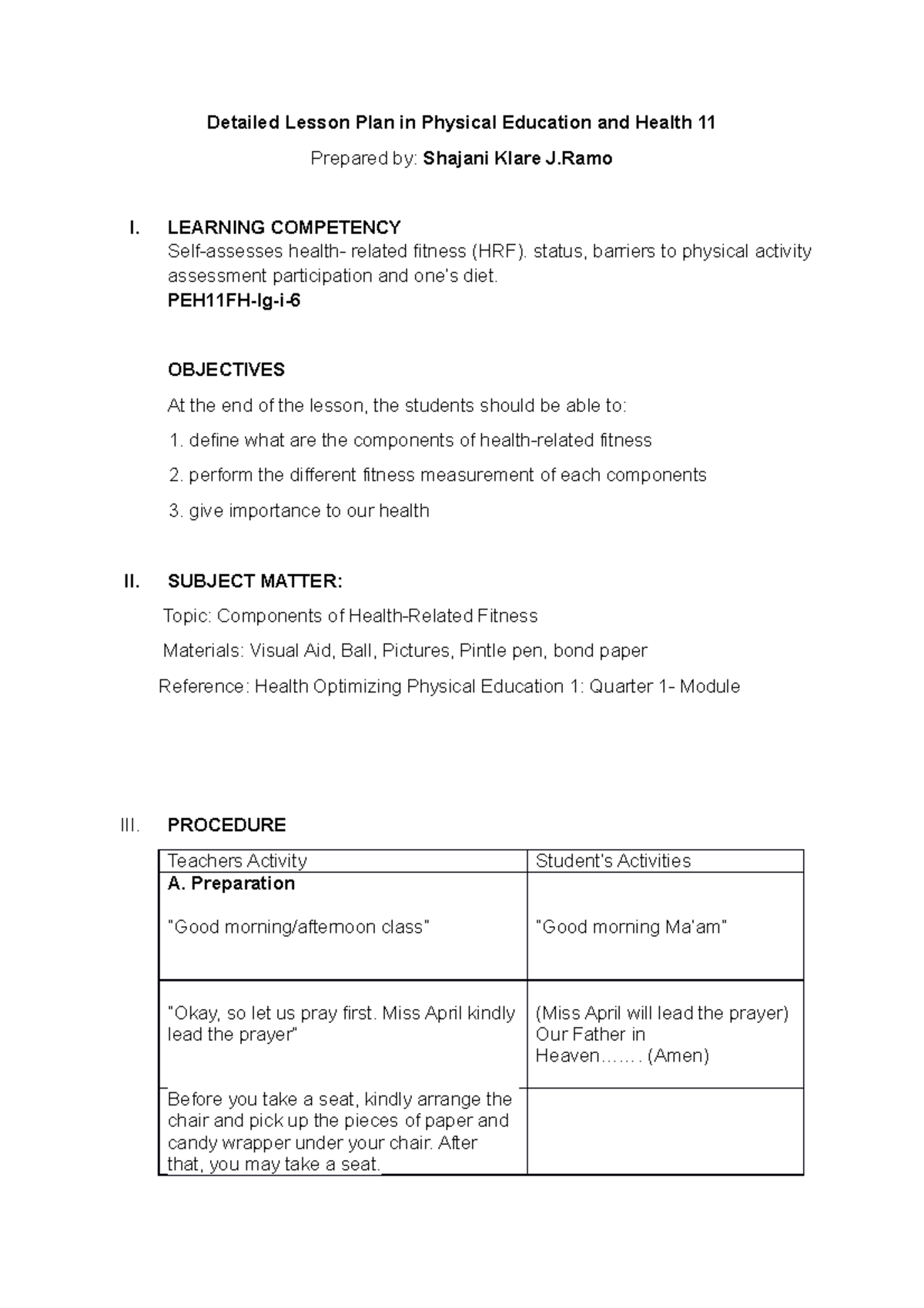 Detailed Lesson Plan in PEH 11: Components of Health-Related Fitness ...