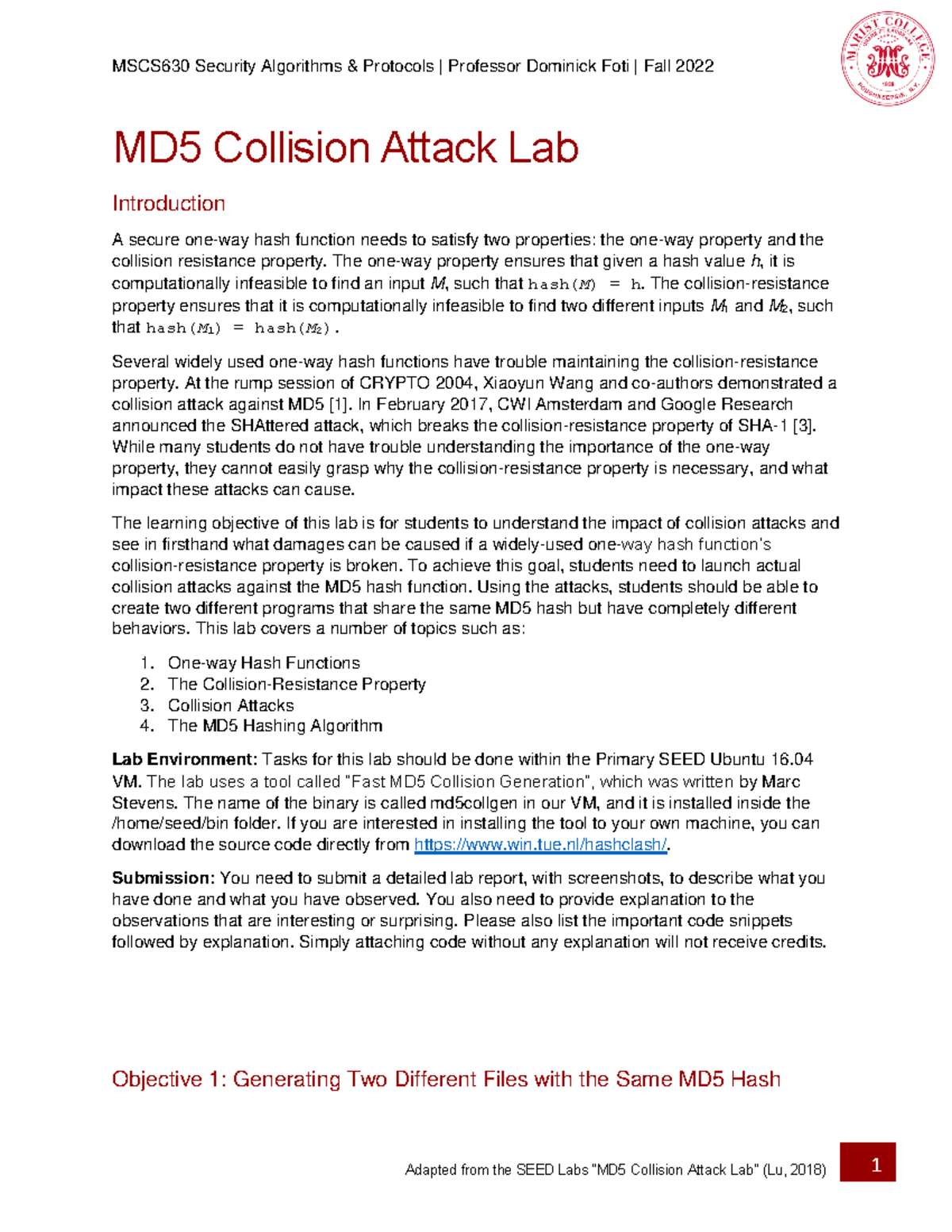 MD5 Collision Attack Lab: Exploring Hash Function Vulnerabilities - Studocu