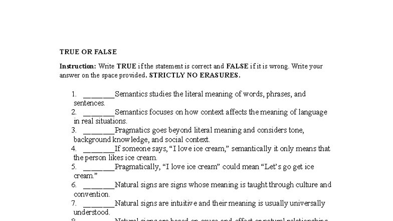 QUIZ: True or False Statements on Language Meaning - Studocu