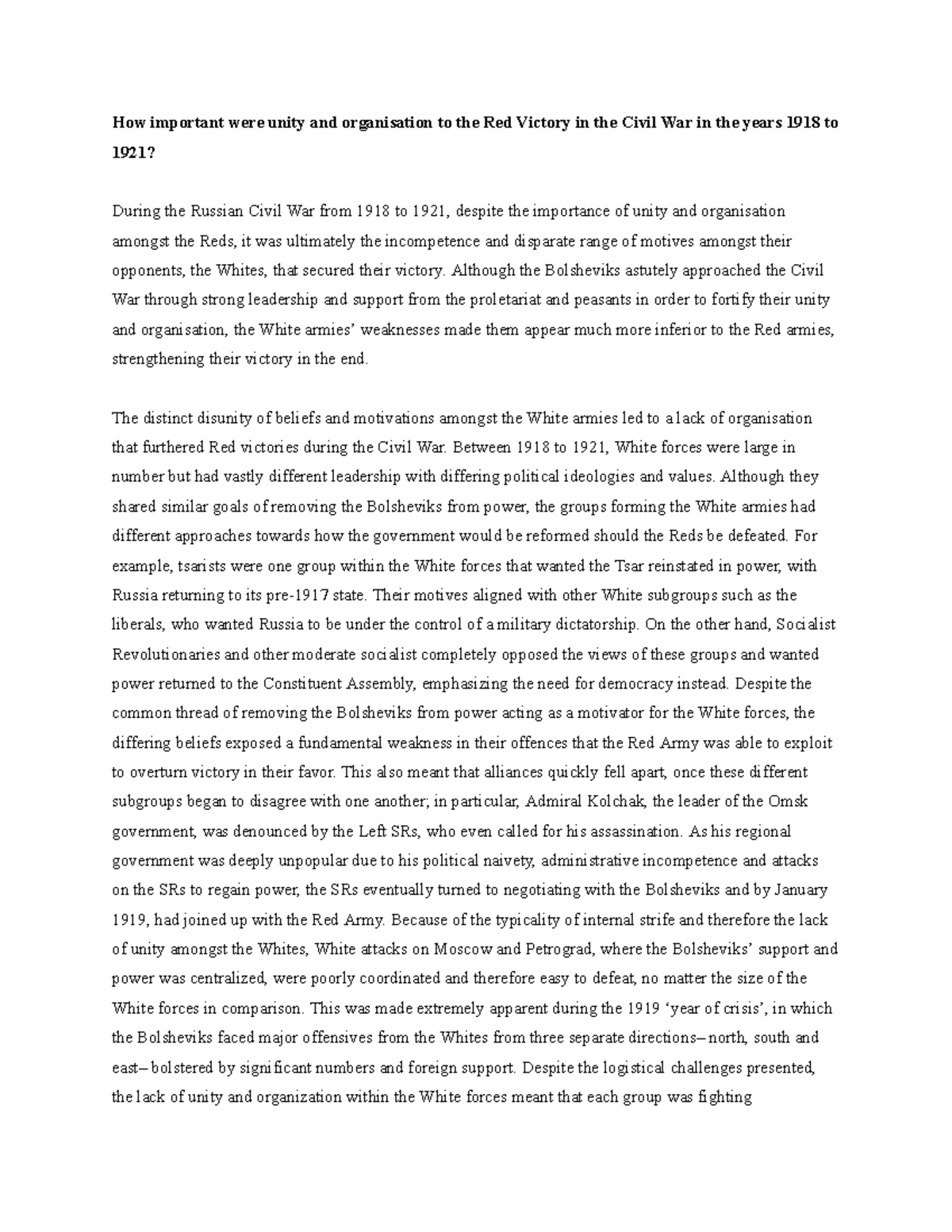 The Role of Unity and Organization in Red Victory: Russian Civil War ...